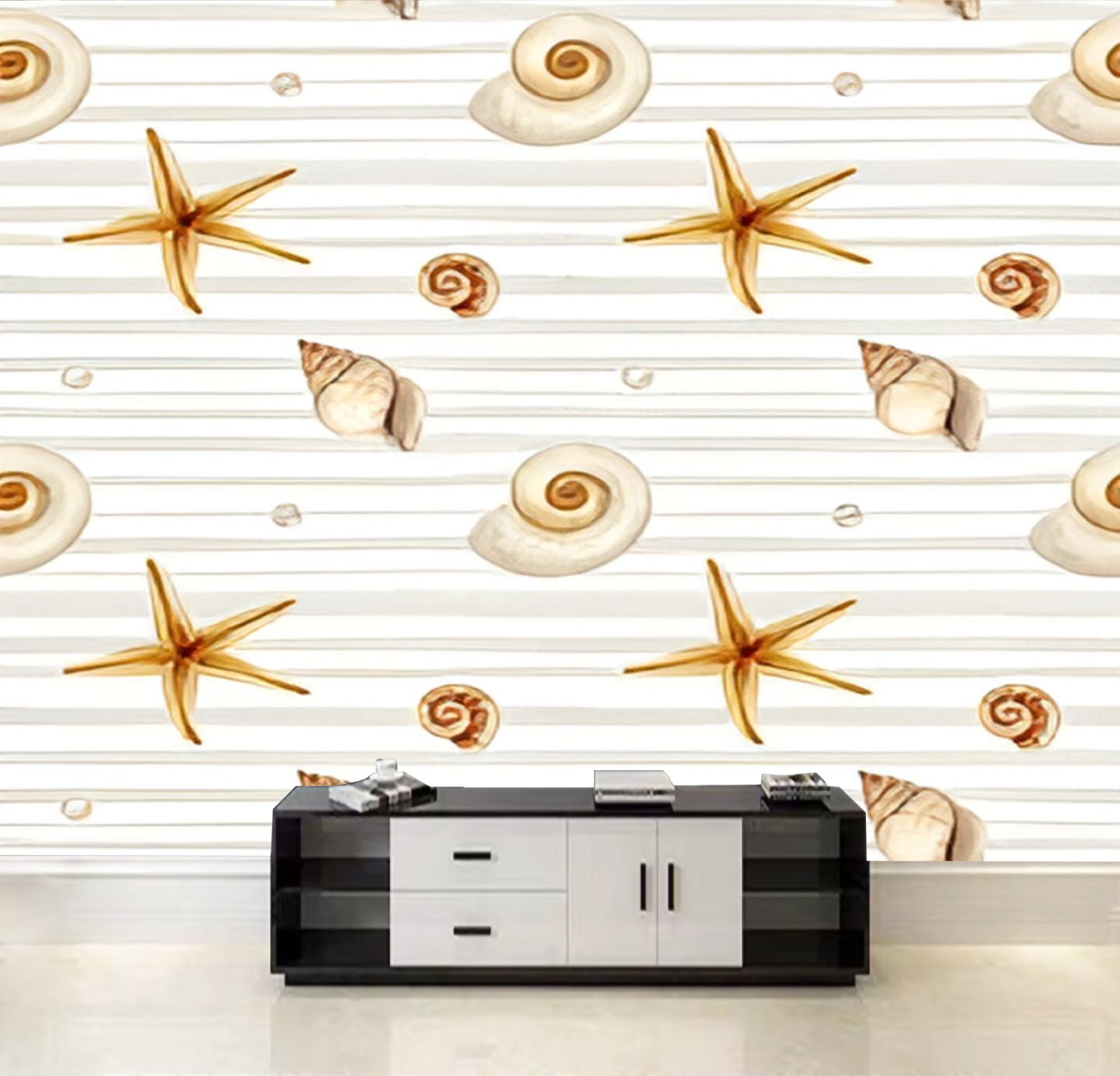 Peel and Stick Wallpaper Seamless watercolor pattern seashells starfish ...