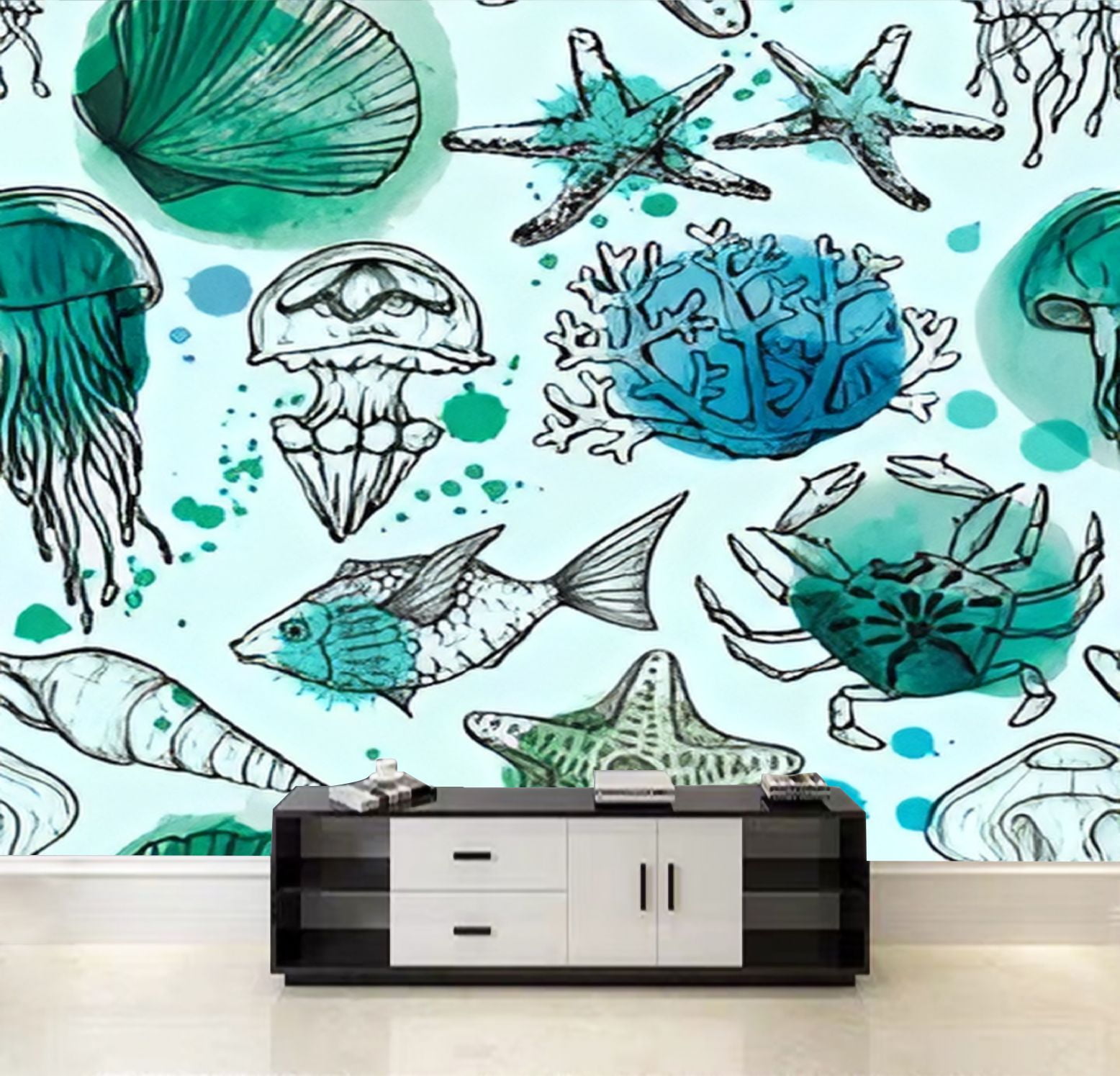 Peel and Stick Wallpaper Seamless watercolor pattern sketch sea shells ...