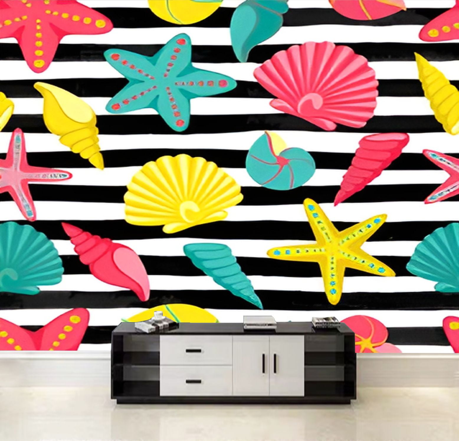 Peel and Stick Wallpaper Seashell seamless pattern black white ...