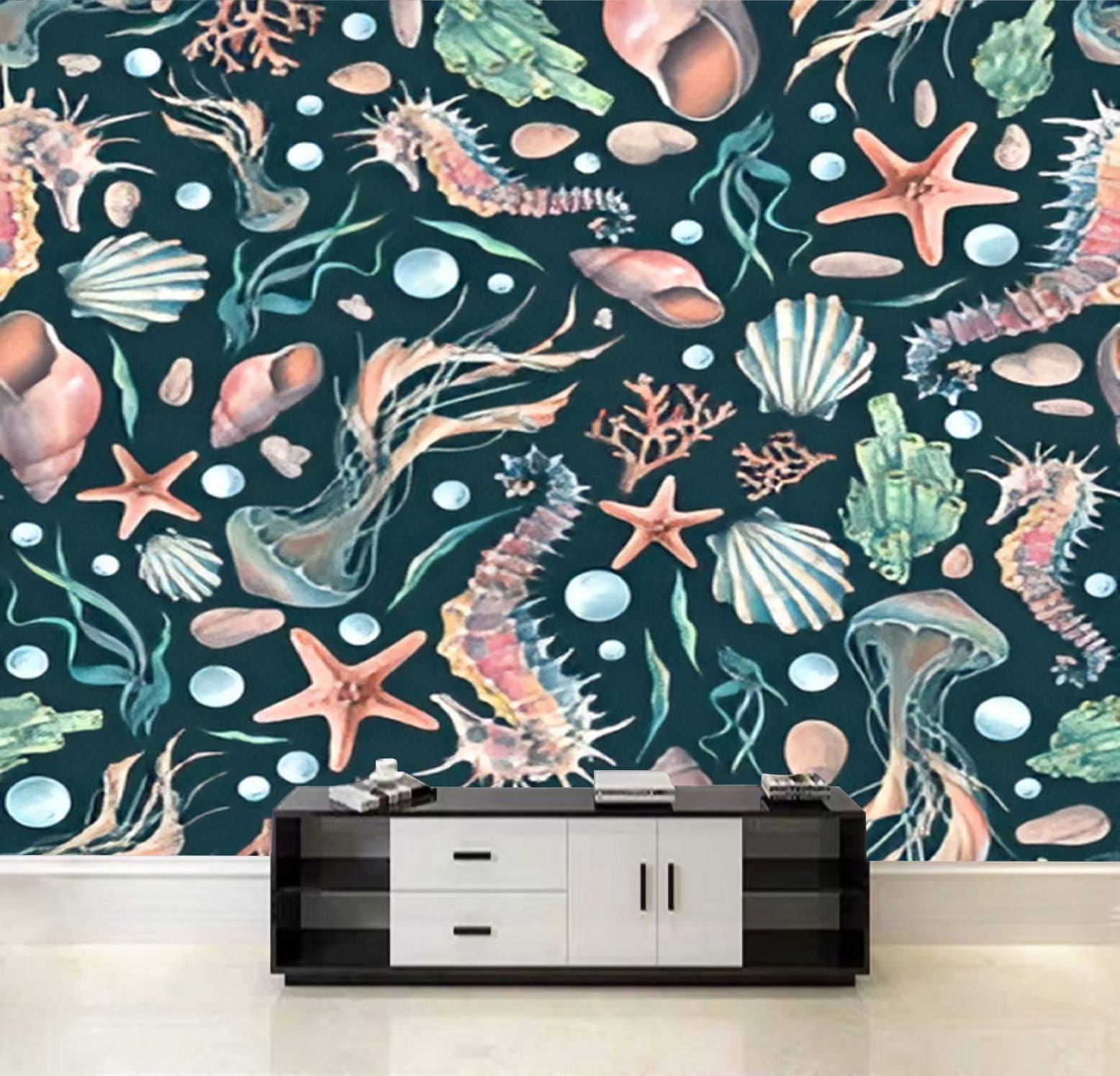 Peel and Stick Wallpaper Seashells starfish seahorses jellyfish corals ...