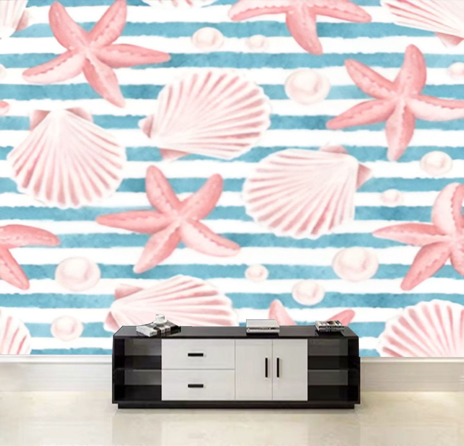 Peel and Stick Wallpaper Seashells starfish seamless pattern On striped ...