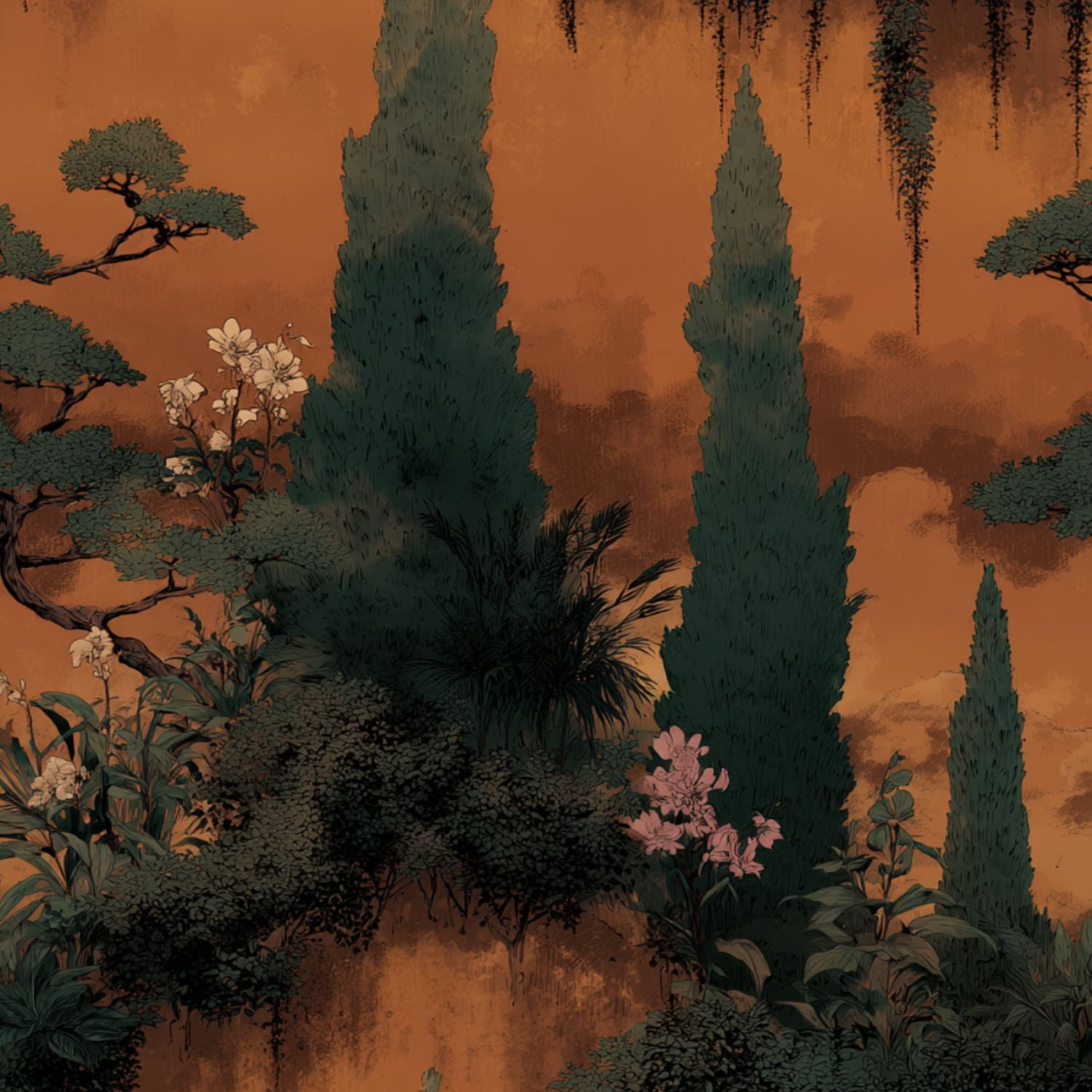 Peel and Stick Wallpaper Serene Landscape Tall Cypress Trees Blossoms ...