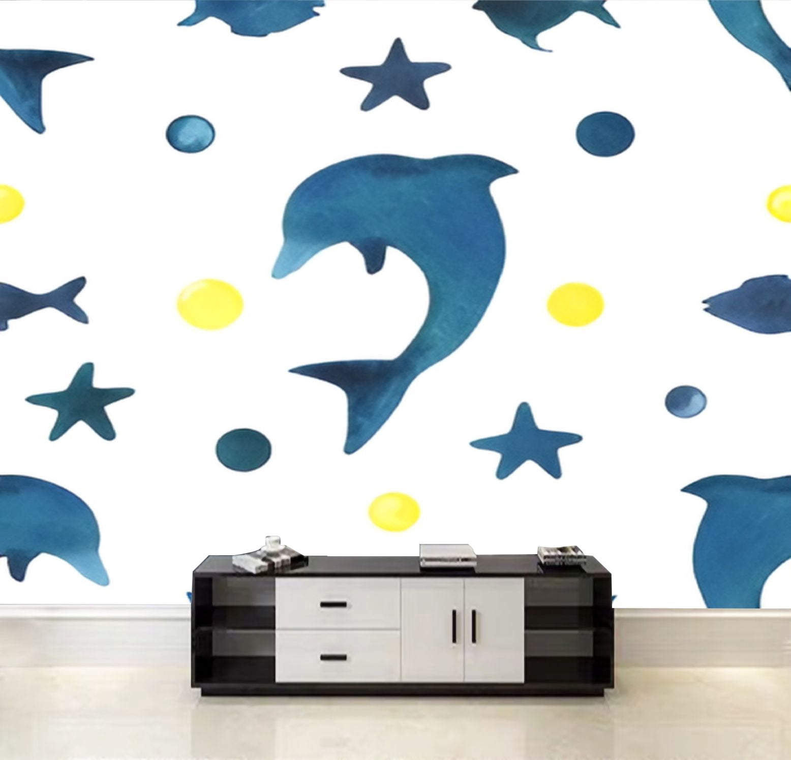 Peel and Stick Wallpaper Silhouettes dolphin fish starfish dots blue ...
