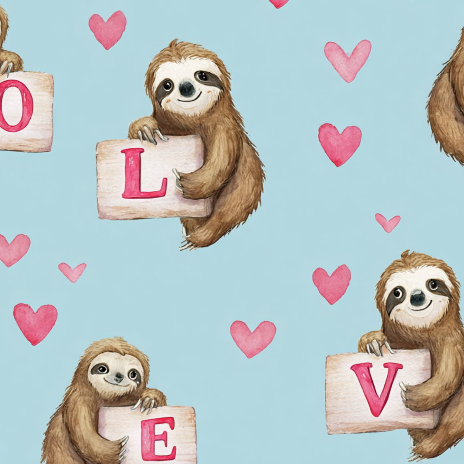 Peel and Stick Wallpaper Sloths Holding Love Letters Hearts Blue Wall ...