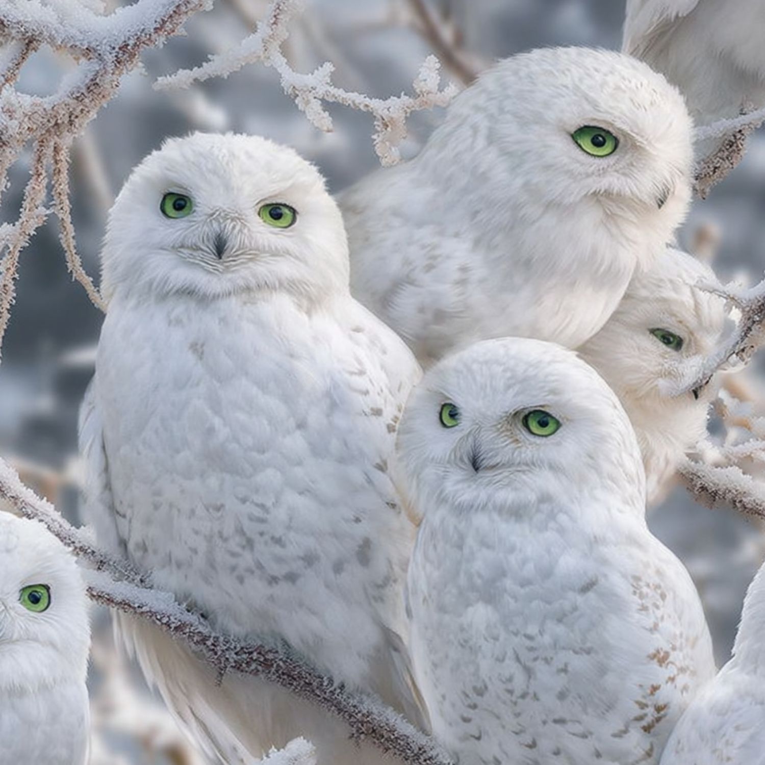 Peel and Stick Wallpaper Snowy Owls Bright Green Eyes Frosted Winter ...