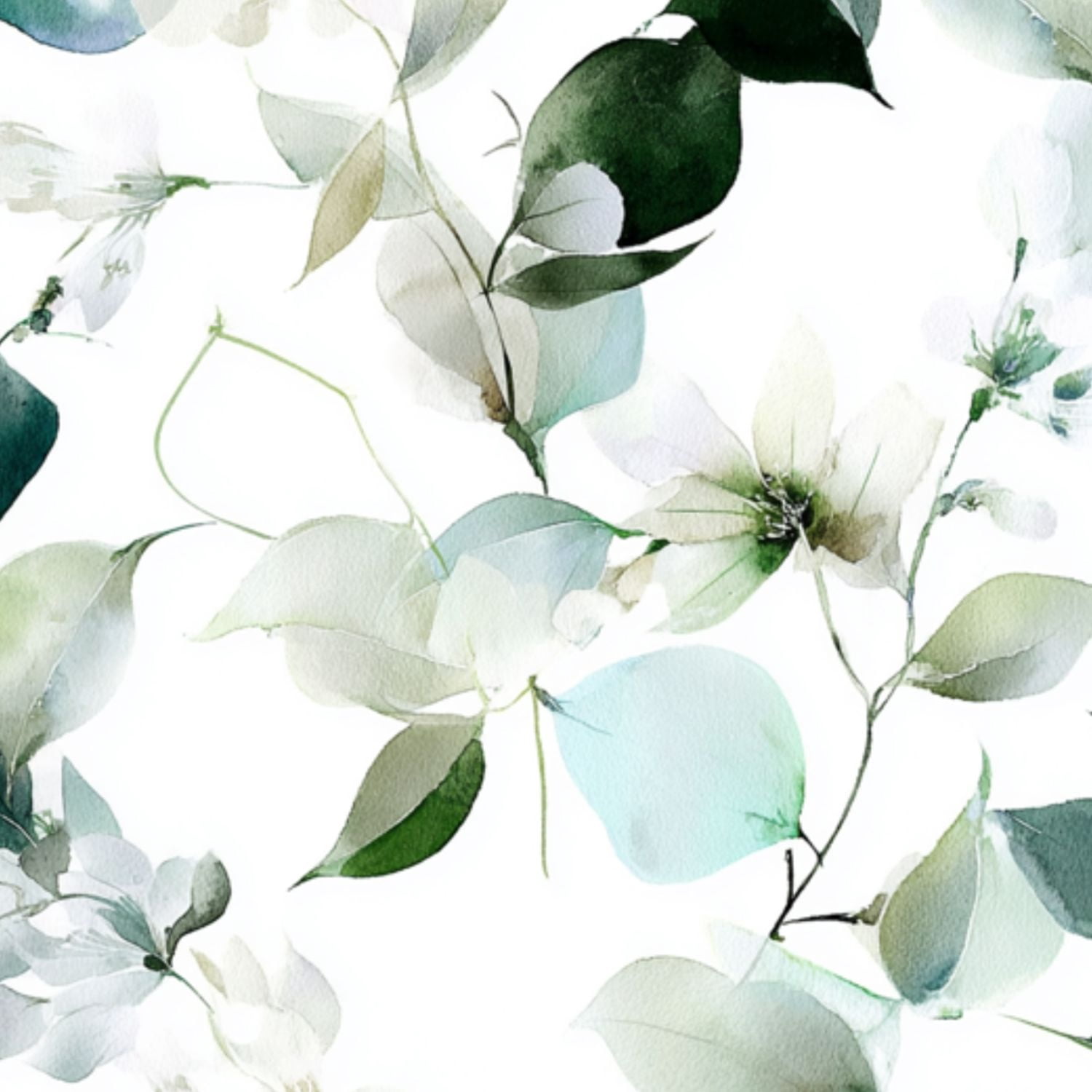 Peel and Stick Wallpaper Soft Watercolor Floral Green Leaves White ...