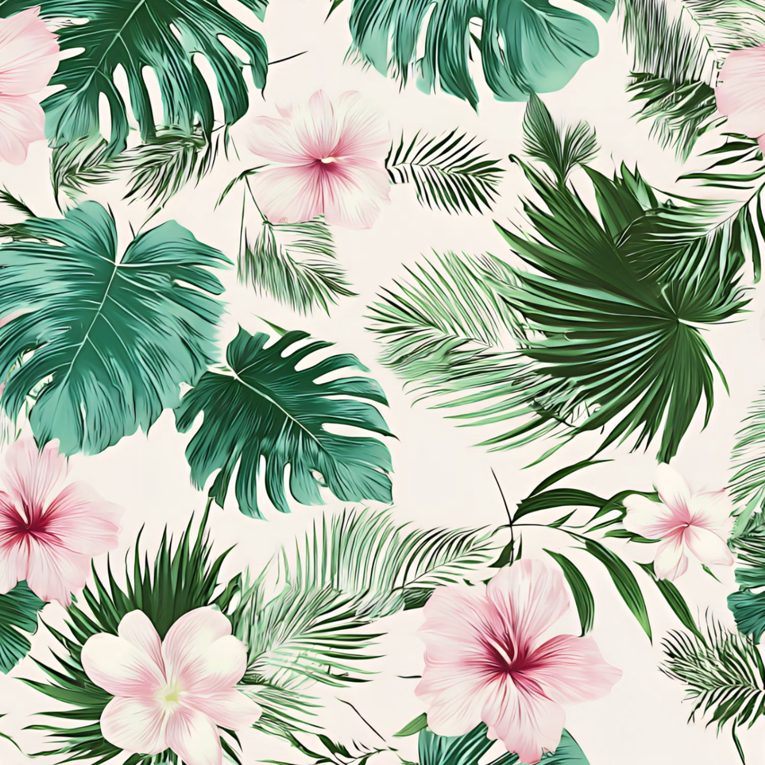 Peel and Stick Wallpaper Tropical Monstera Palm Leaves Pink Hibiscus ...