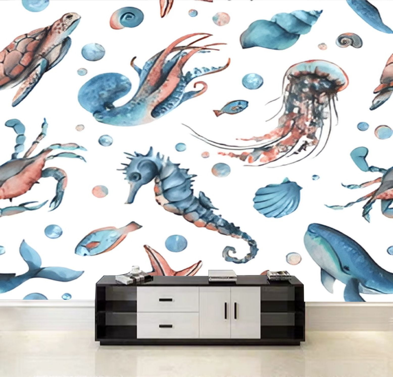 Peel and Stick Wallpaper Underwater world sea animals whale turtle ...