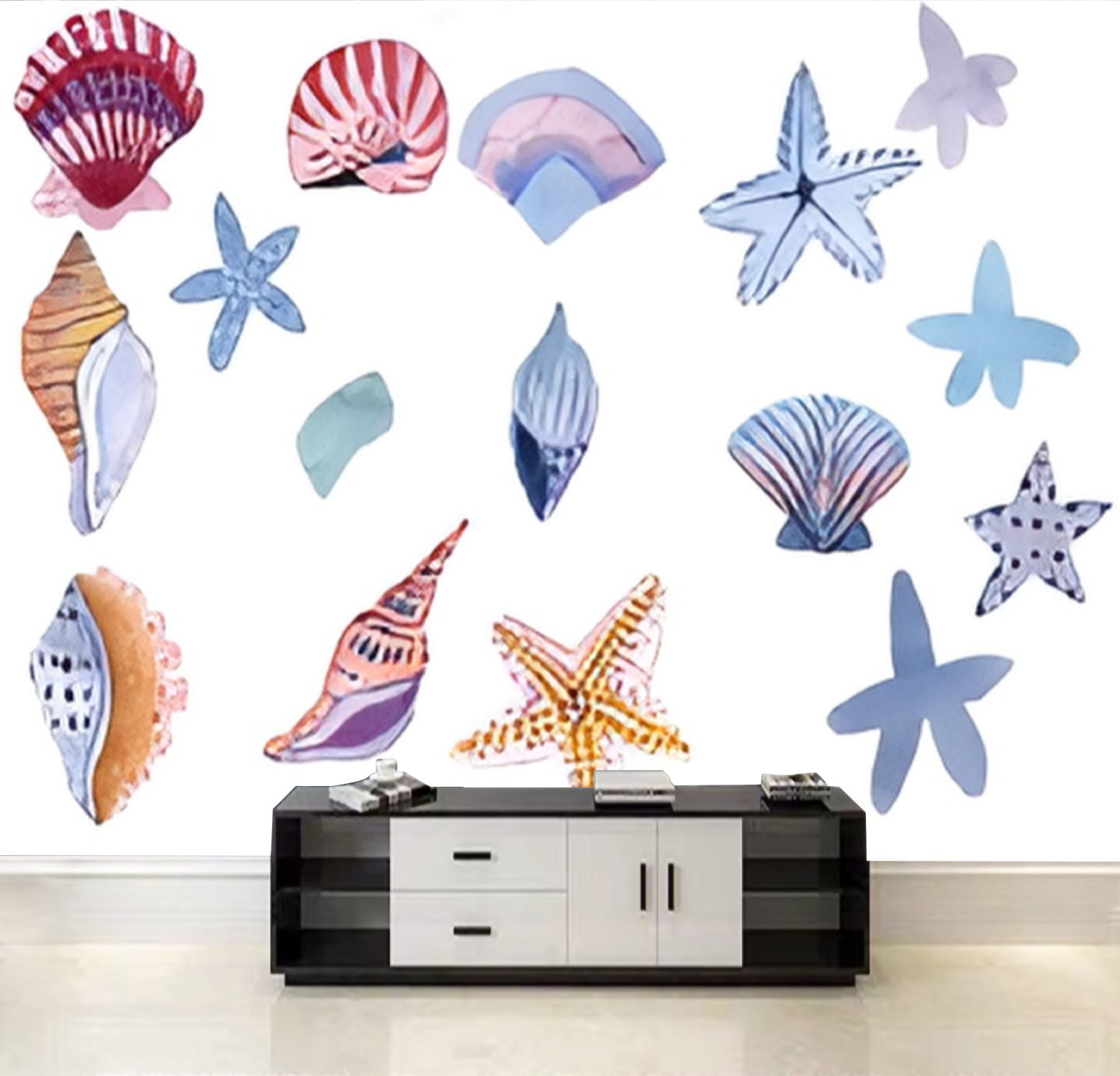 Peel and Stick Wallpaper Use watercolor various conch shells starfish ...