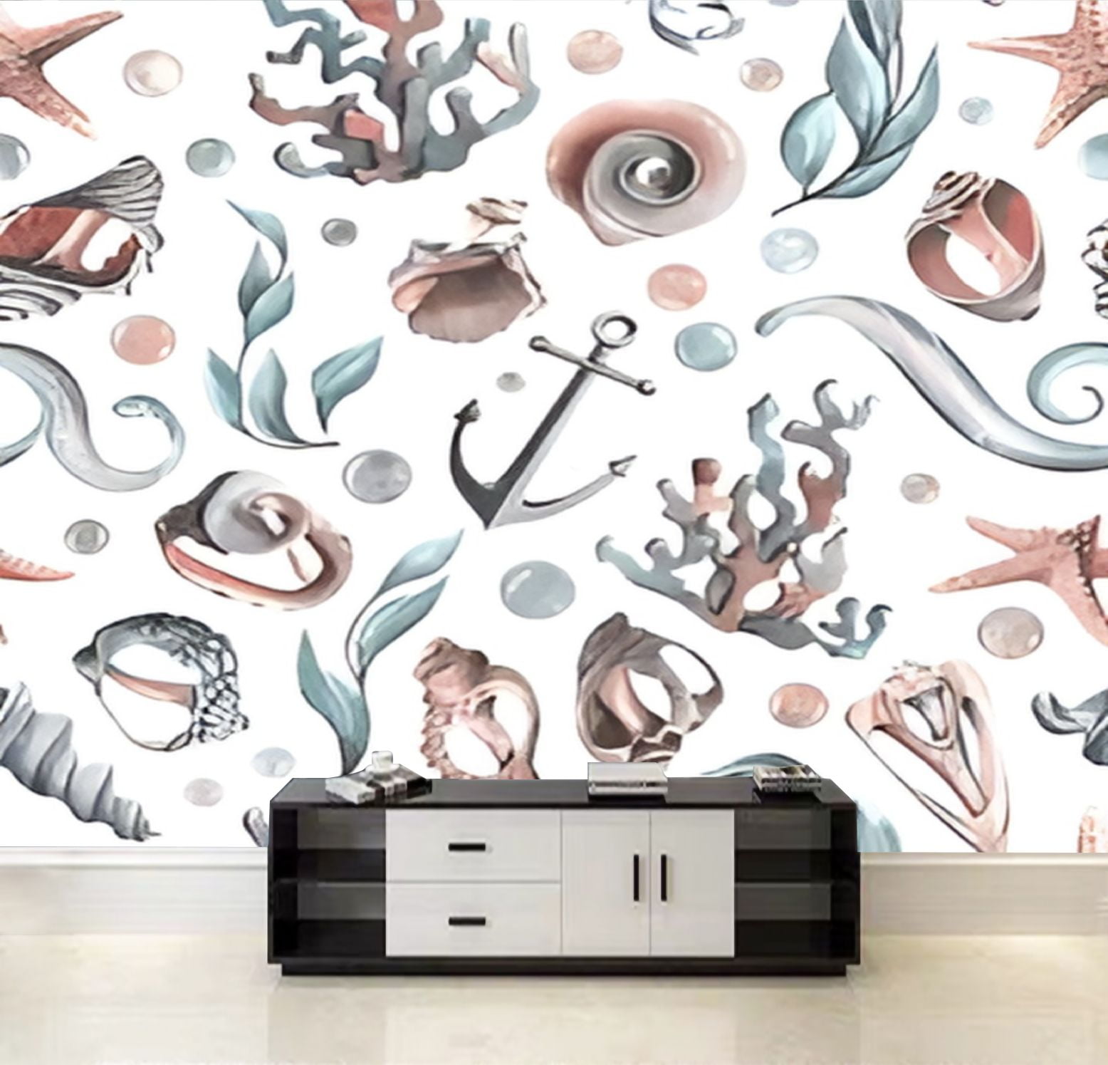 Peel and Stick Wallpaper Various broken seashells starfish white ...