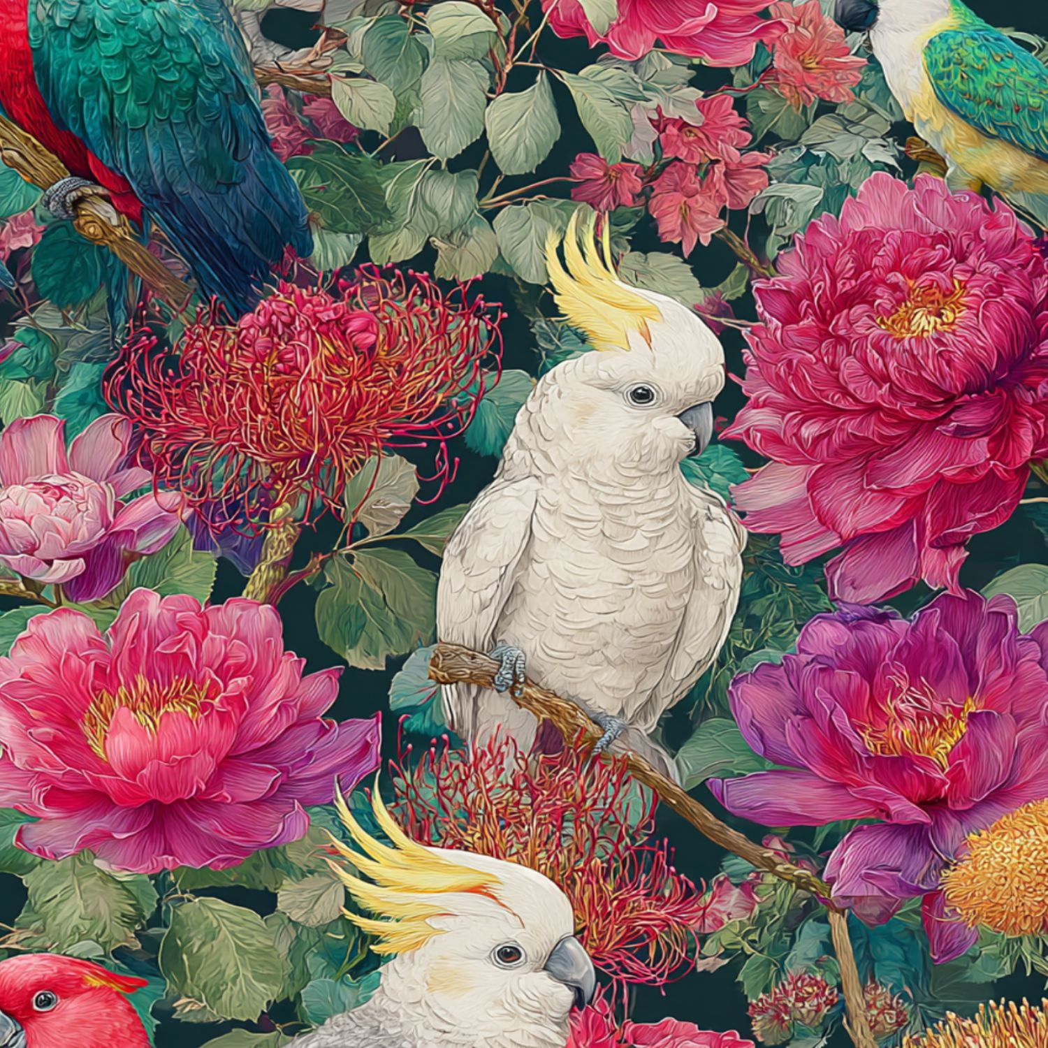 Peel and Stick Wallpaper Vibrant Parrots Cockatoos Amidst Blooming ...