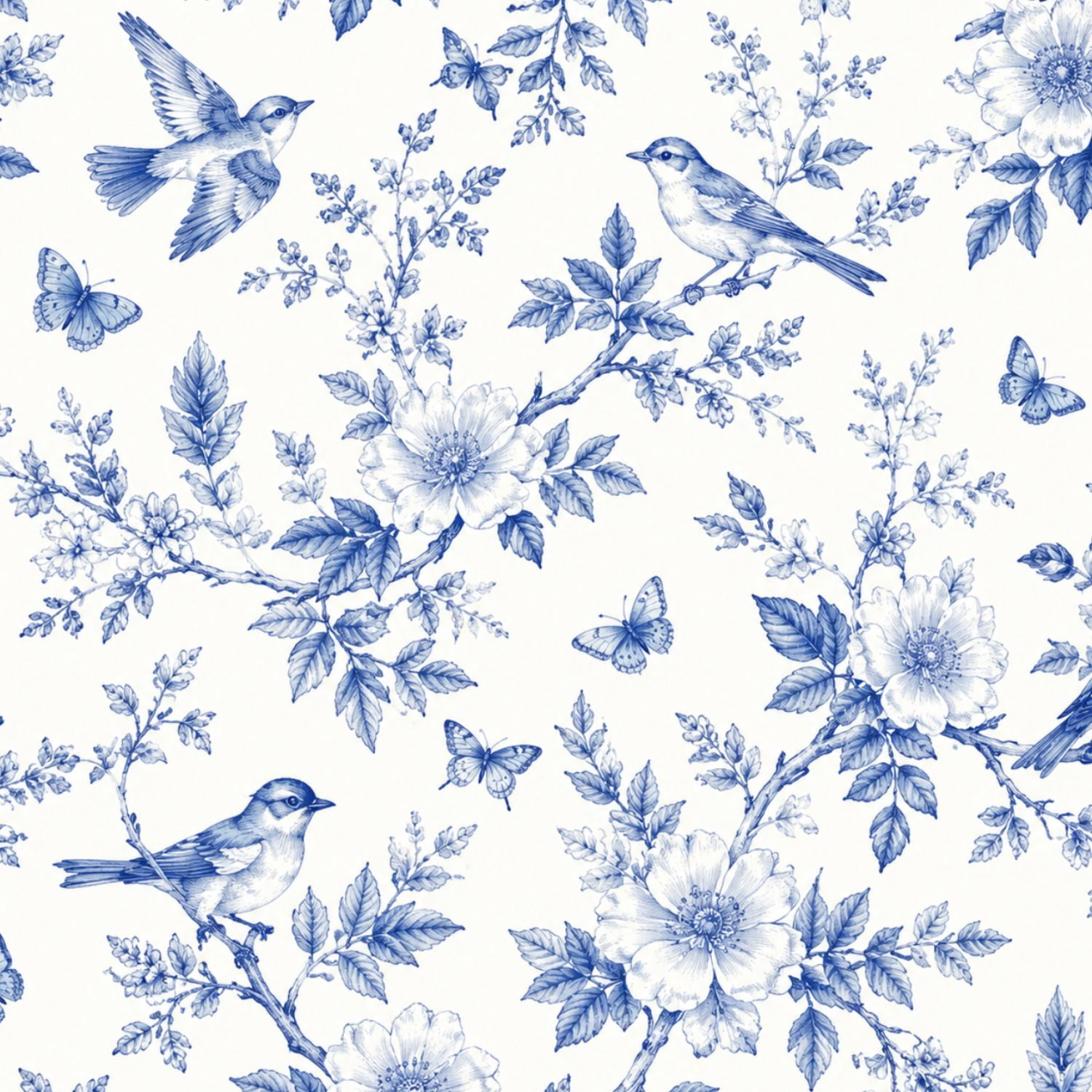 Peel and Stick Wallpaper Vintage Blue White Floral Toile Birds ...