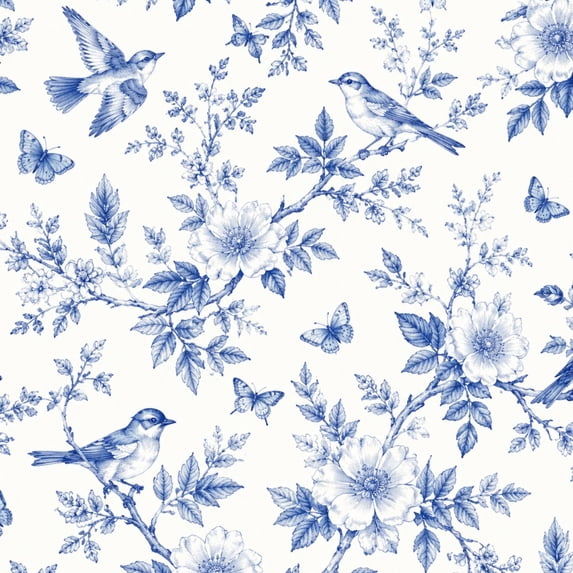 Peel and Stick Wallpaper Vintage Blue White Floral Toile Birds ...