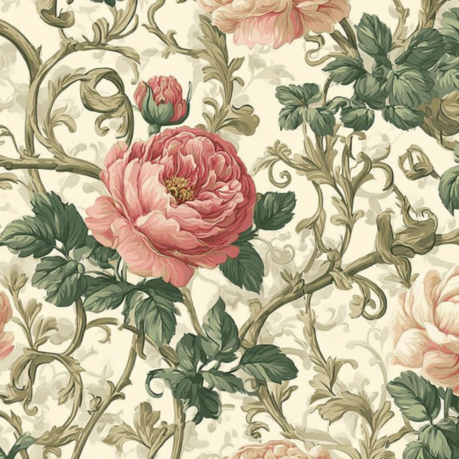 Peel and Stick Wallpaper Vintage Floral Design Pink Roses Green Vines ...