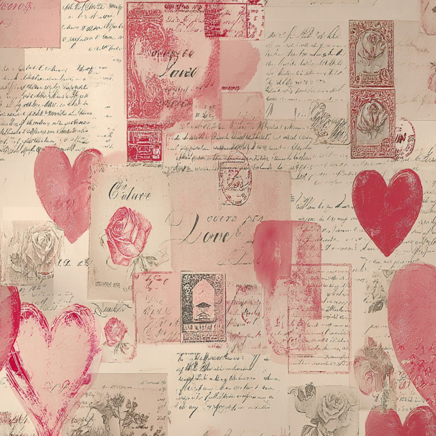Peel and Stick Wallpaper Vintage Postcards Red Roses Heart Stamps ...