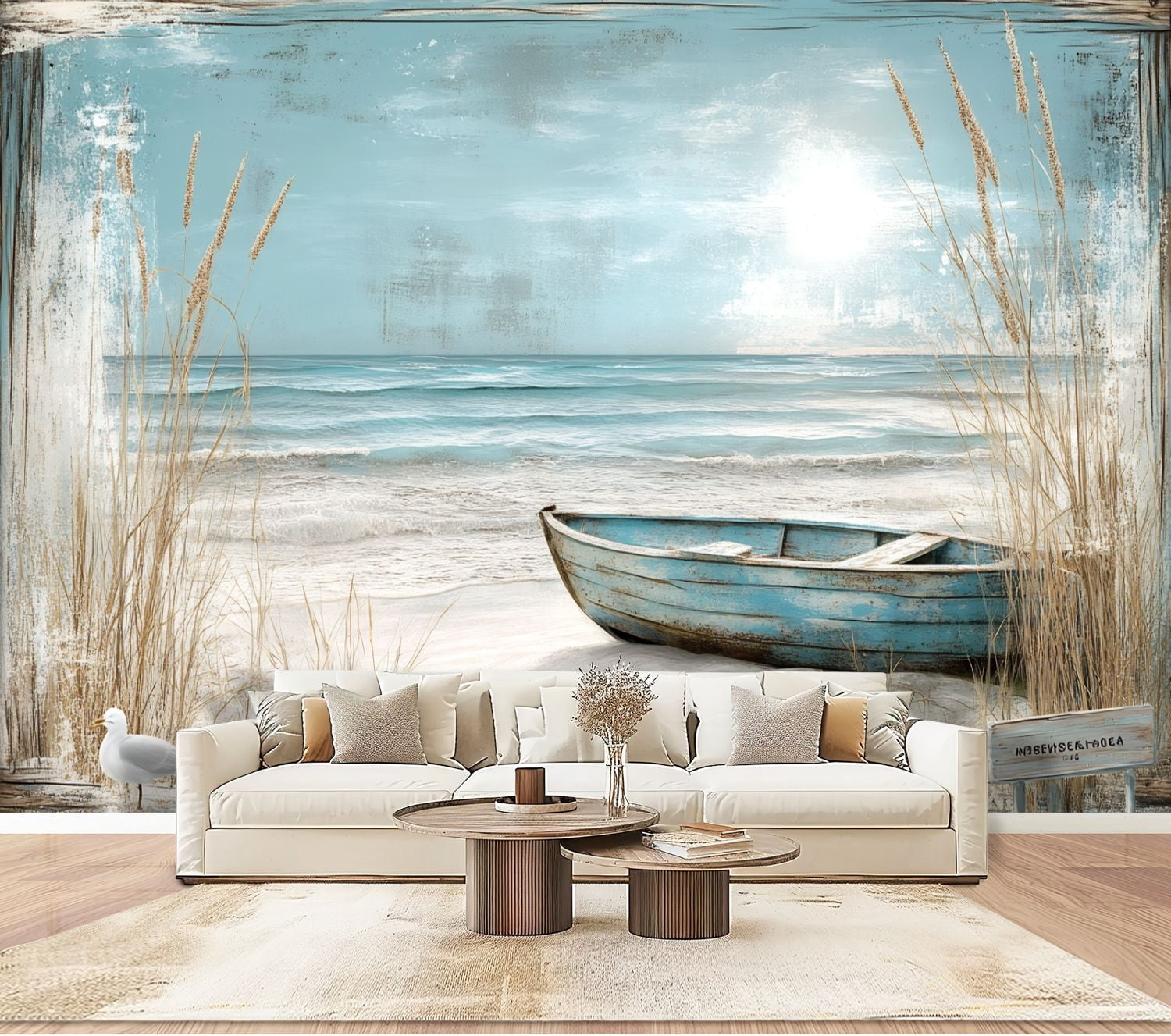 Peel and Stick Wallpaper Wall Murals Beach Nautical Boat Ocean Seagull ...