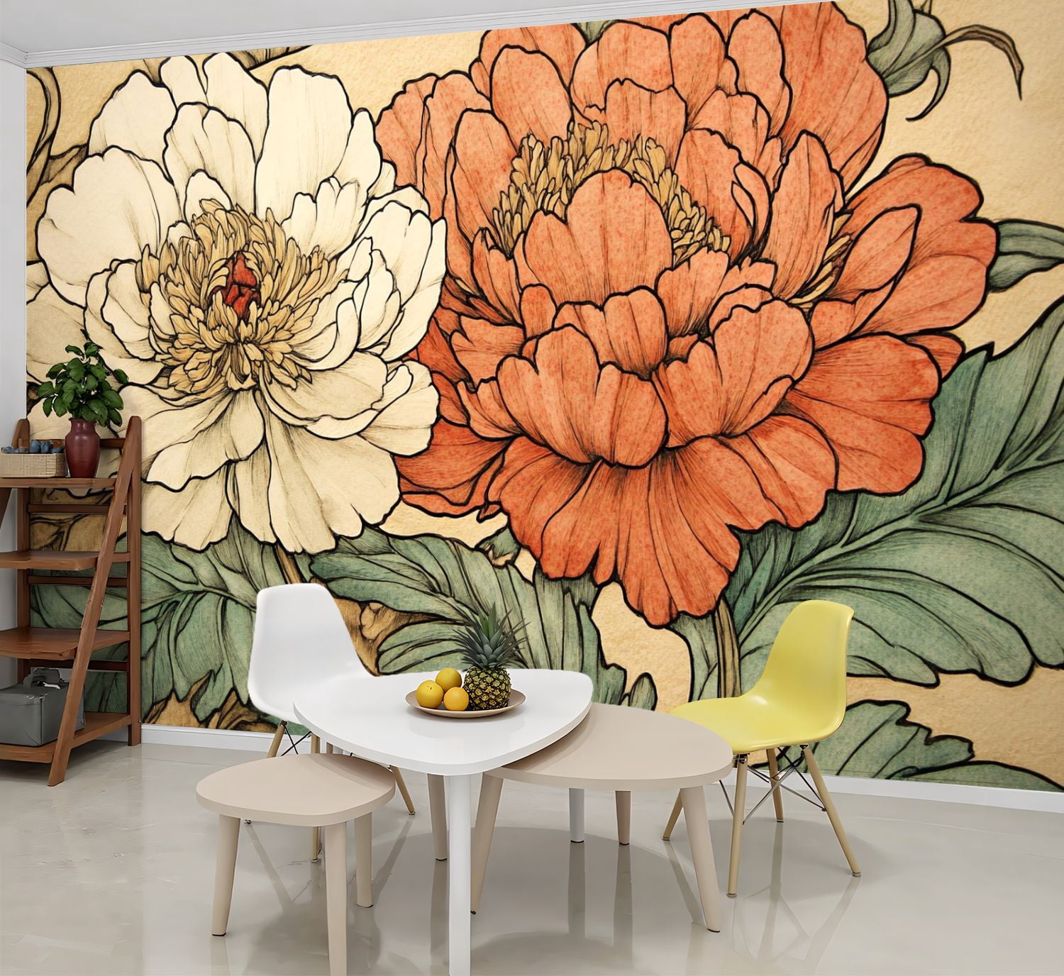 Peel and Stick Wallpaper Wall Murals Boho Brown Green Orange Peony ...