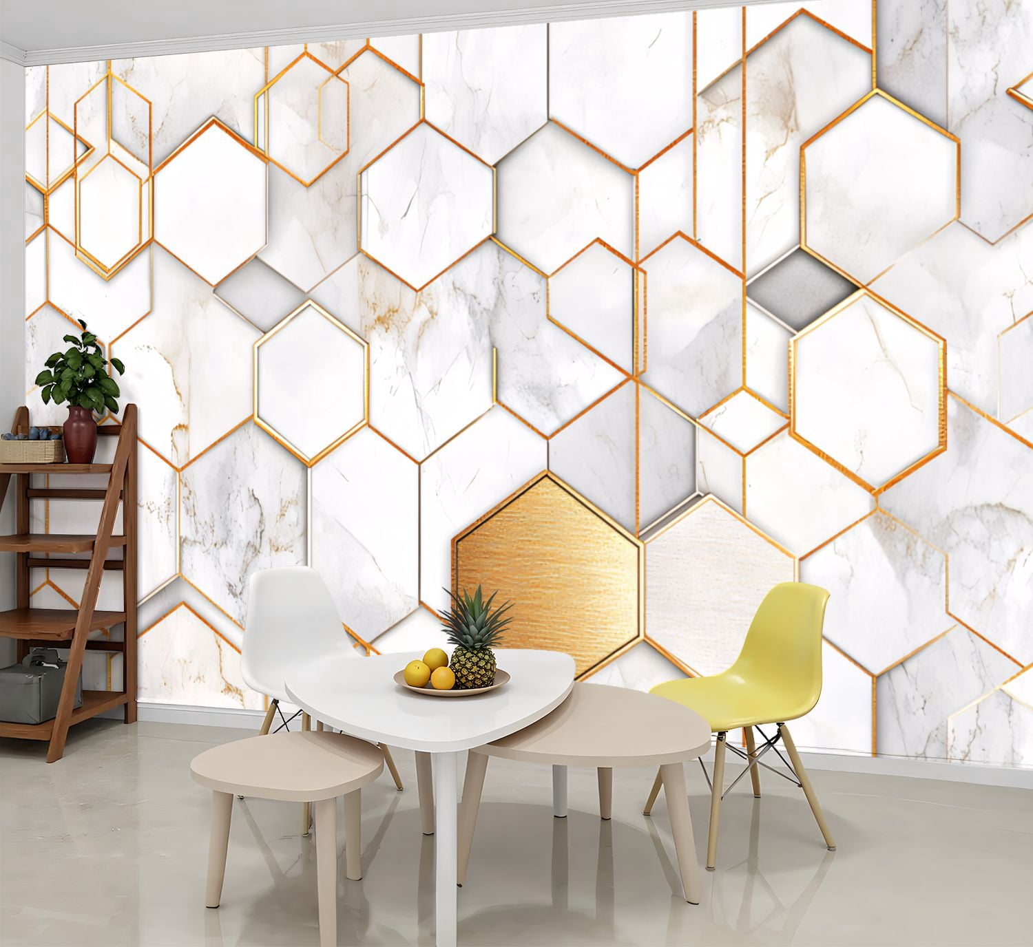 Peel and Stick Wallpaper Wall Murals Hexagonal Patterns Gold Outlines ...