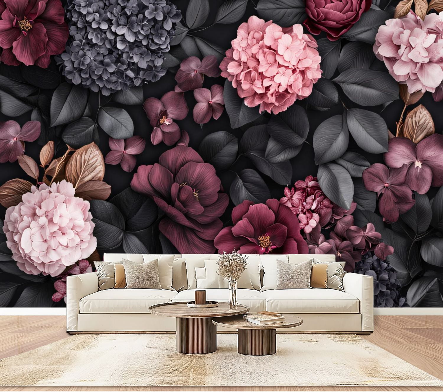 Peel and Stick Wallpaper Wall Murals Hydrangea Flowers Roses Petals ...