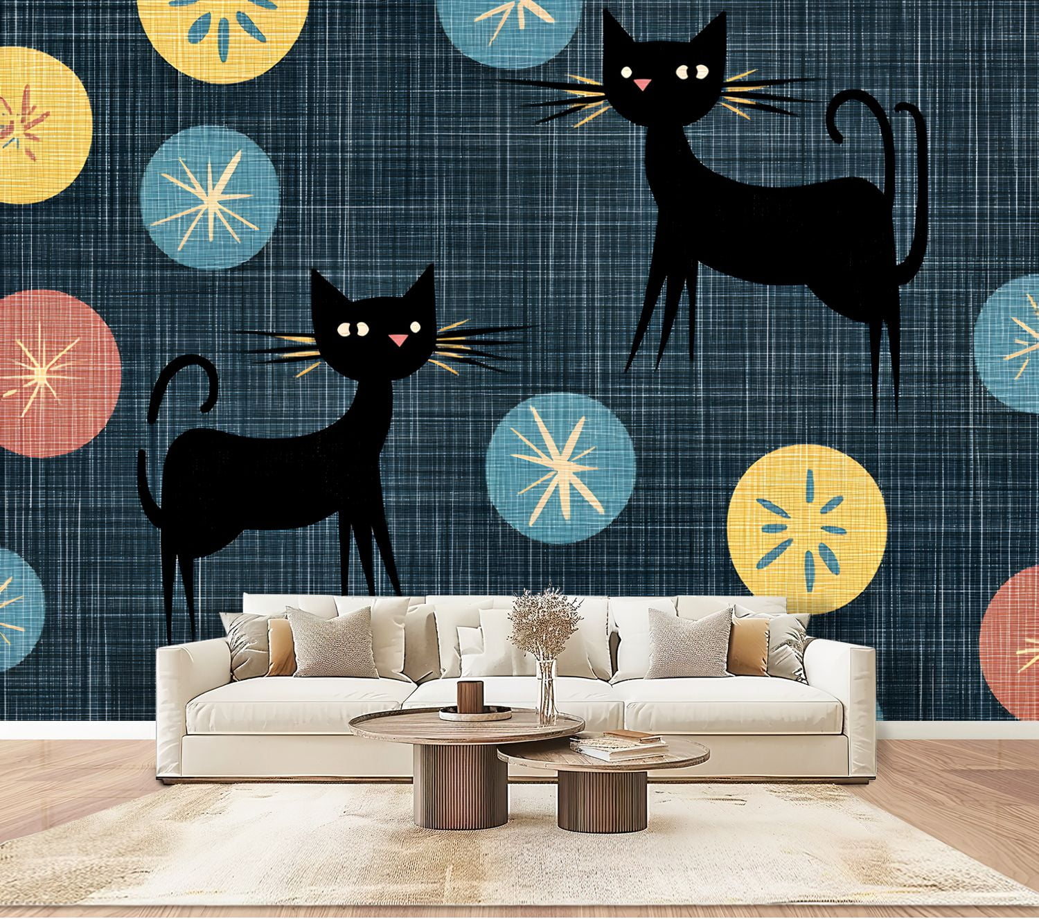 Peel and Stick Wallpaper Wall Murals Mid Century Black Cat Retro Atomic ...