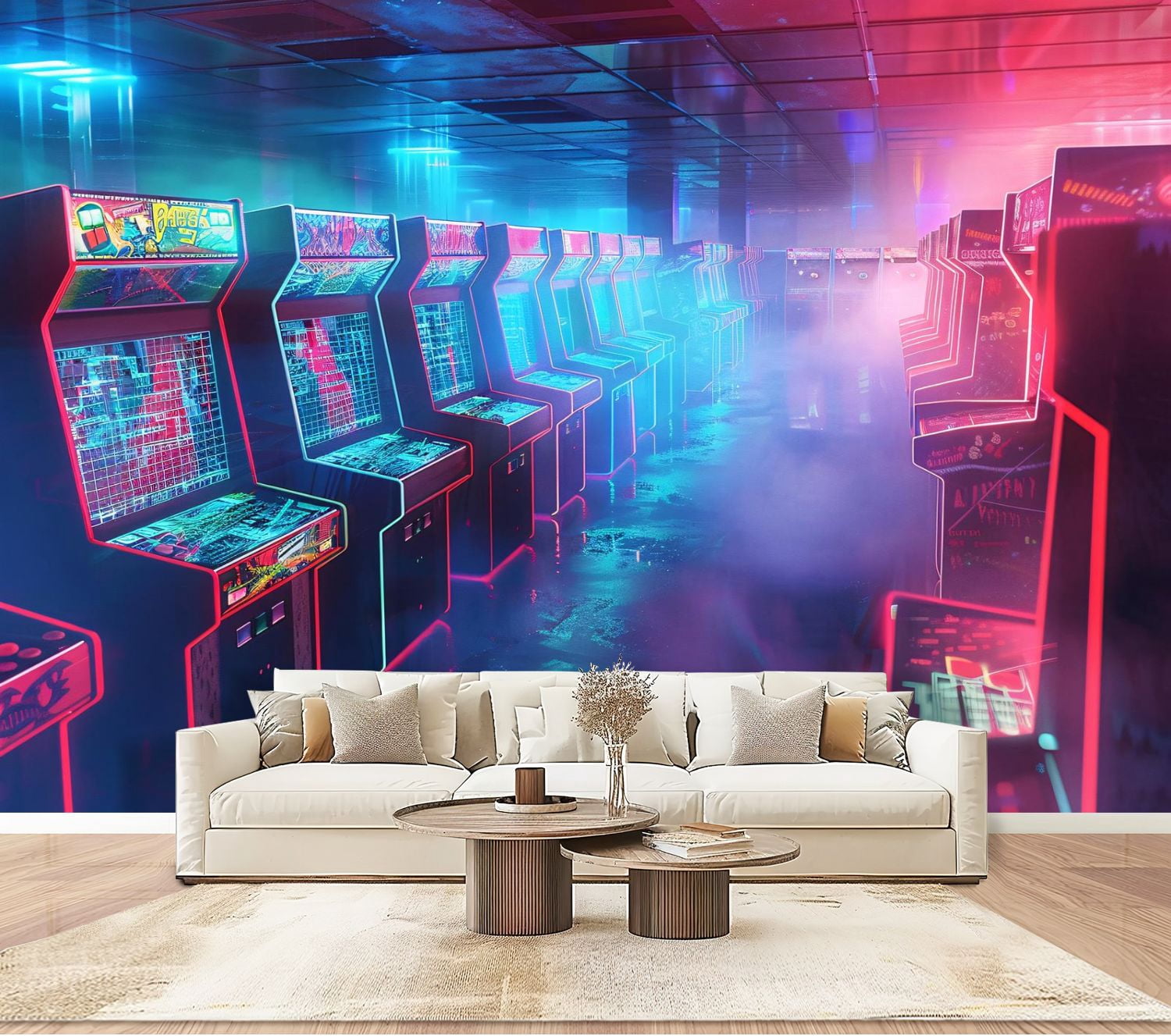 Peel and Stick Wallpaper Wall Murals Neon Retro Arcade 80s 100"H x 144 ...