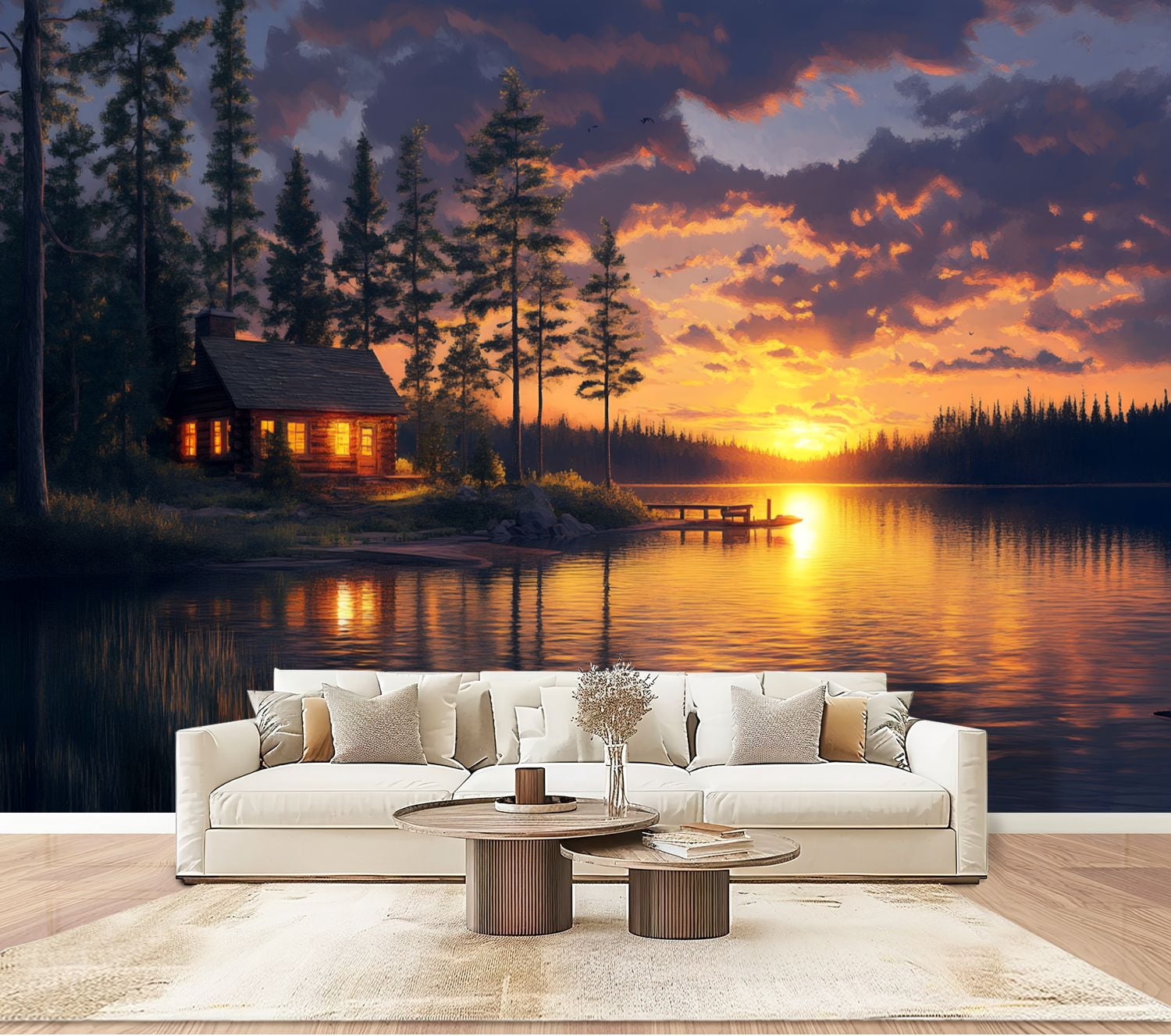 Peel and Stick Wallpaper Wall Murals Sunset Log Cabin Pine Trees Lake ...