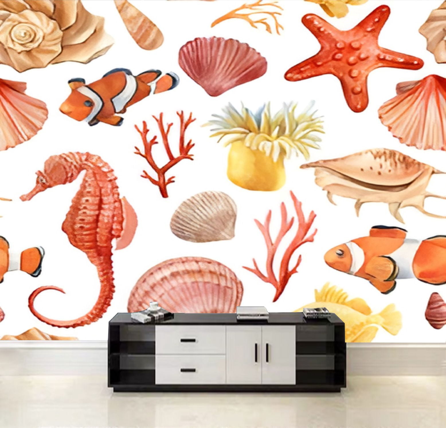 Peel and Stick Wallpaper Watercolor Seashells seahorse starfish fish ...