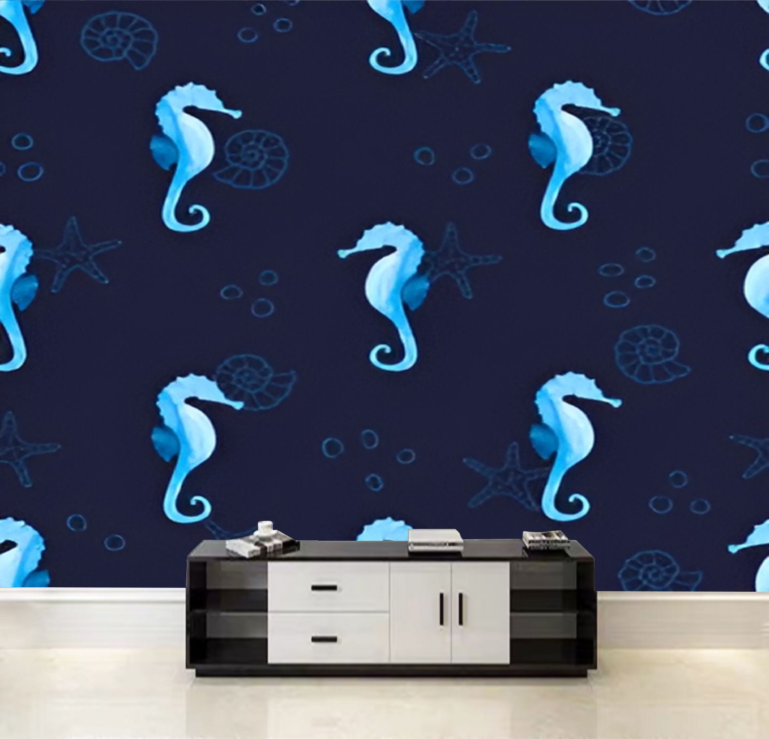 Peel and Stick Wallpaper Watercolor blue seamless pattern sea horses ...