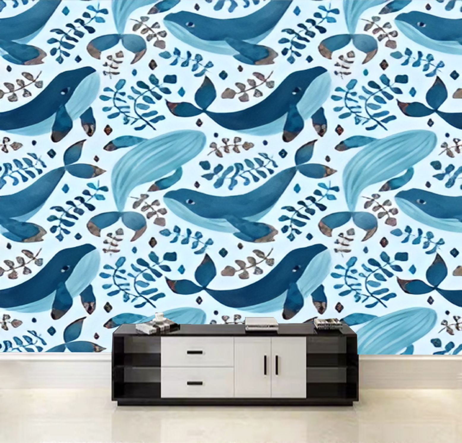 Peel and Stick Wallpaper Watercolor blue whales Seamless pattern Canvas ...