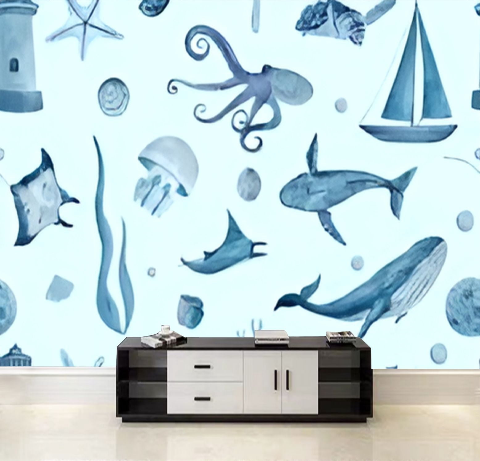 Peel and Stick Wallpaper Watercolor hand drawn blue monochromatic ...