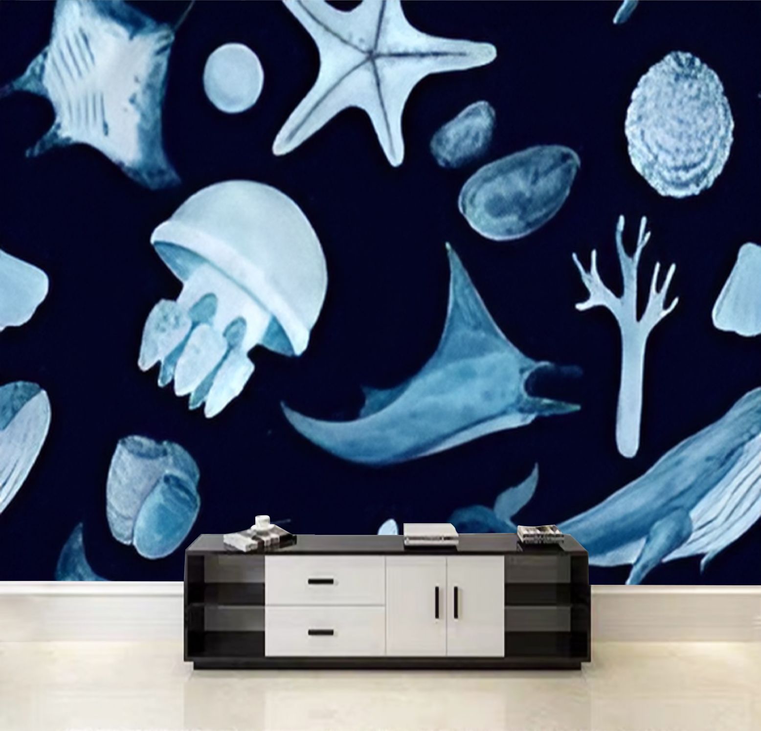 Peel and Stick Wallpaper Watercolor hand drawn monochromatic seamless pattern dark whale ray ...