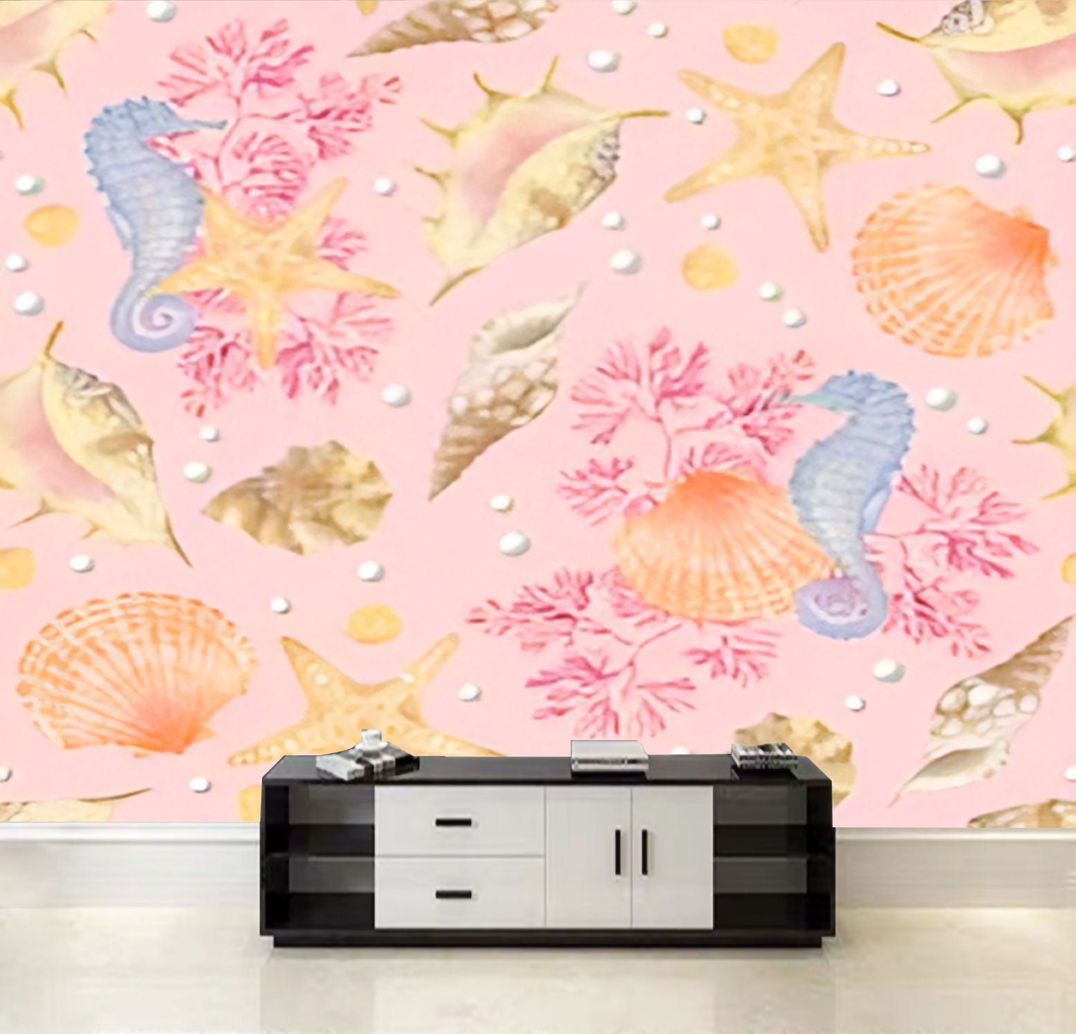 Peel and Stick Wallpaper Watercolor sea pattern seashells corals ...