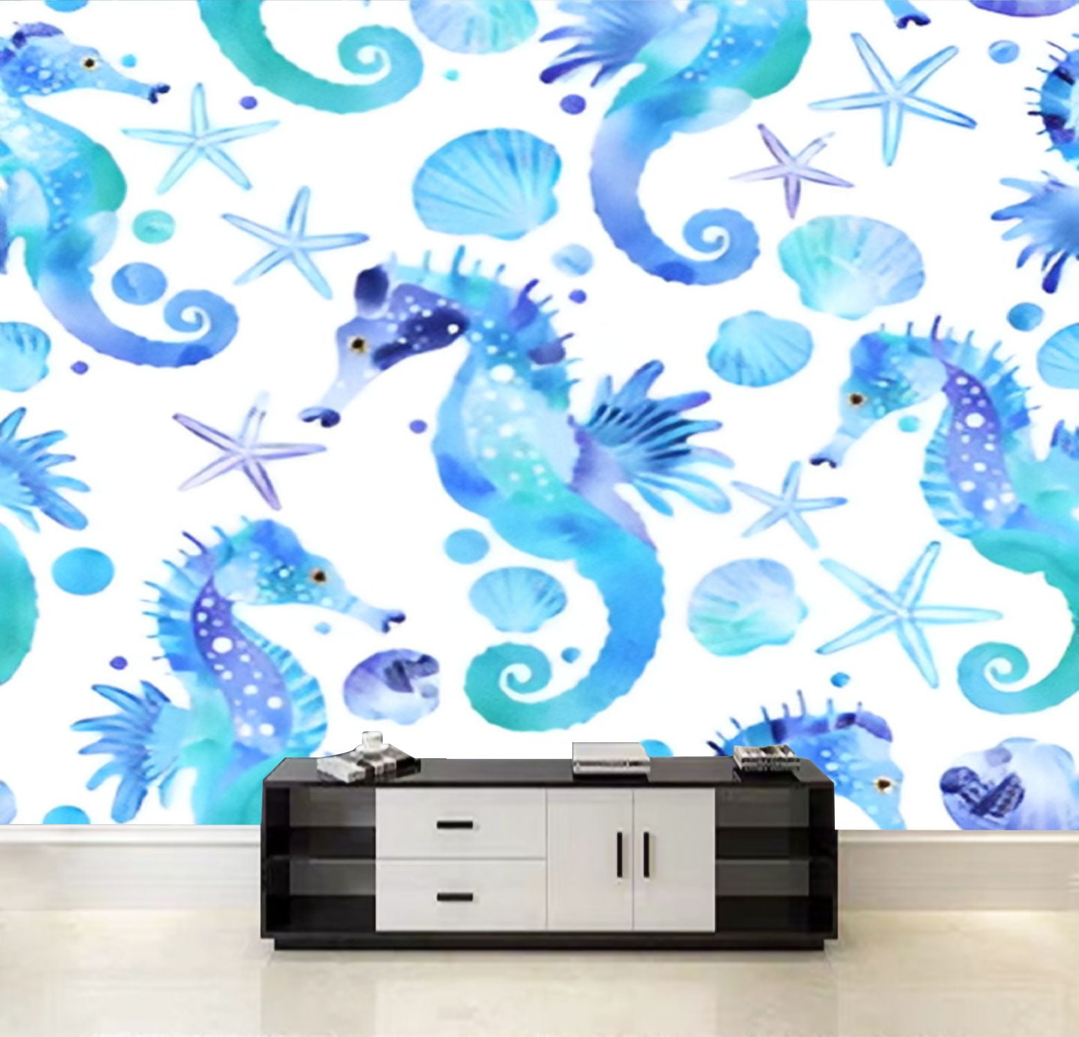 Peel and Stick Wallpaper Watercolor seahorses starfishes seashells blue ...
