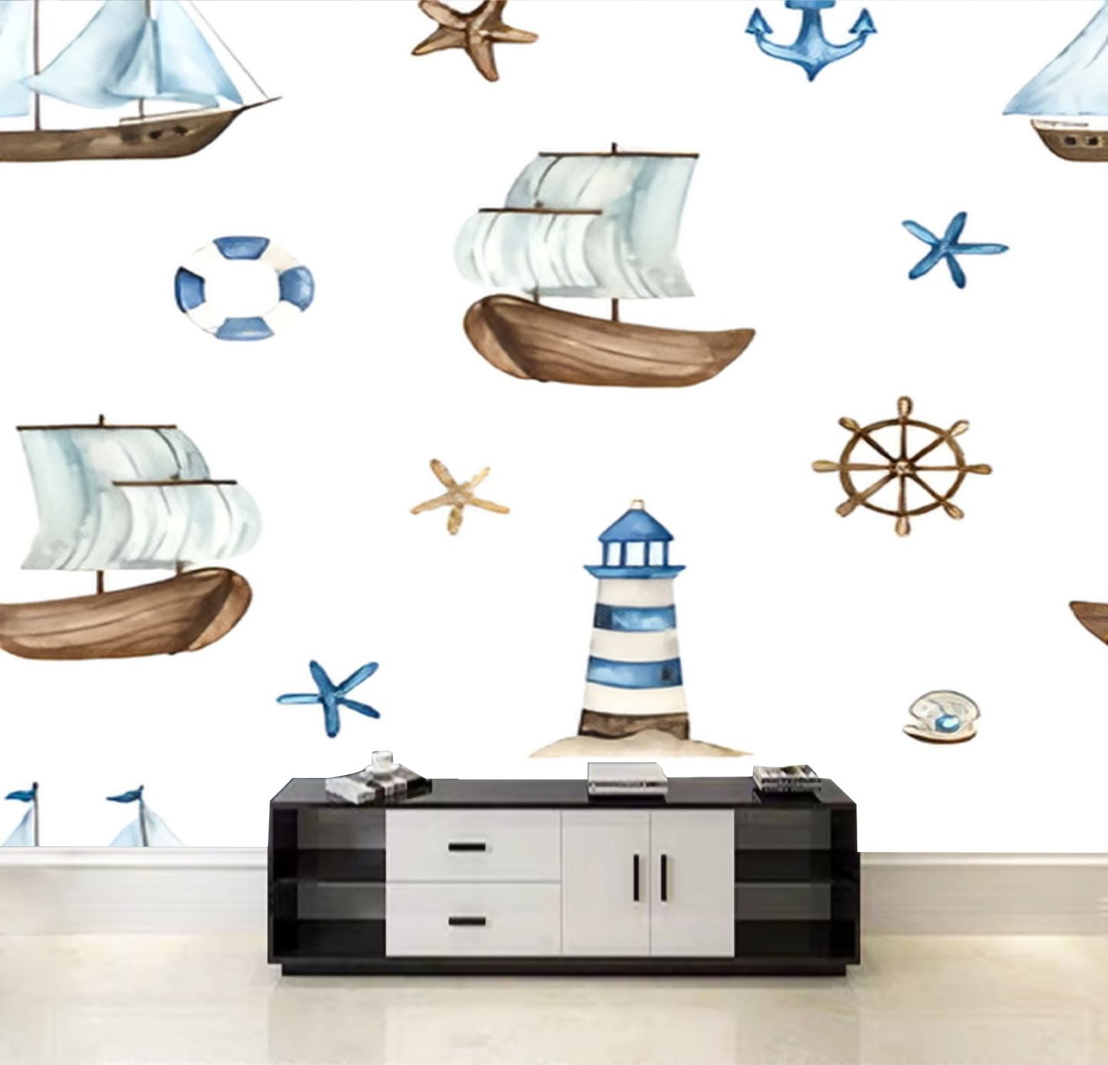 Peel and Stick Wallpaper Watercolor seamless nautical pattern ships ...