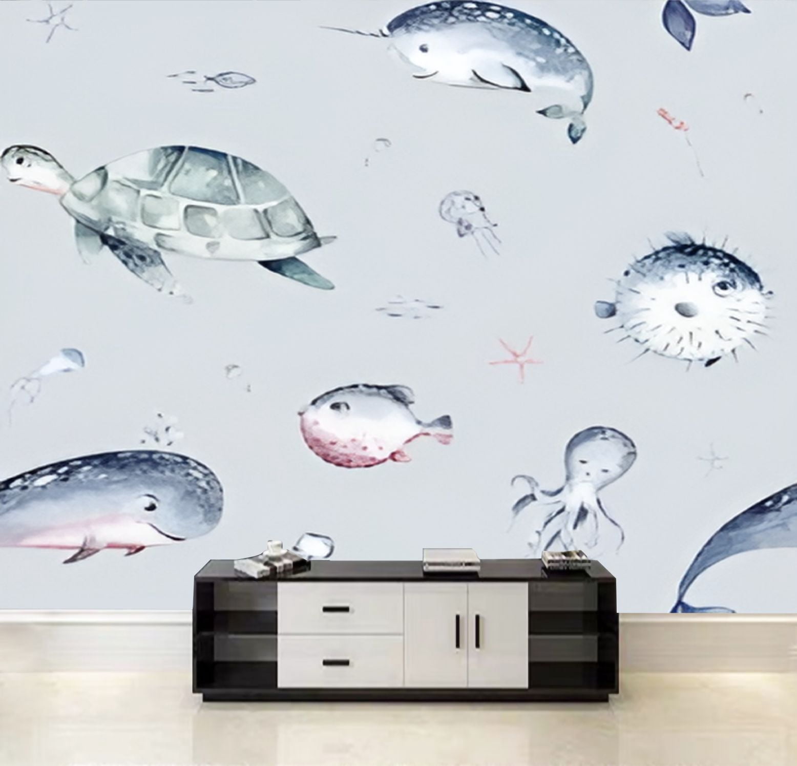 Peel and Stick Wallpaper Watercolor seamless pattern underwater world ...