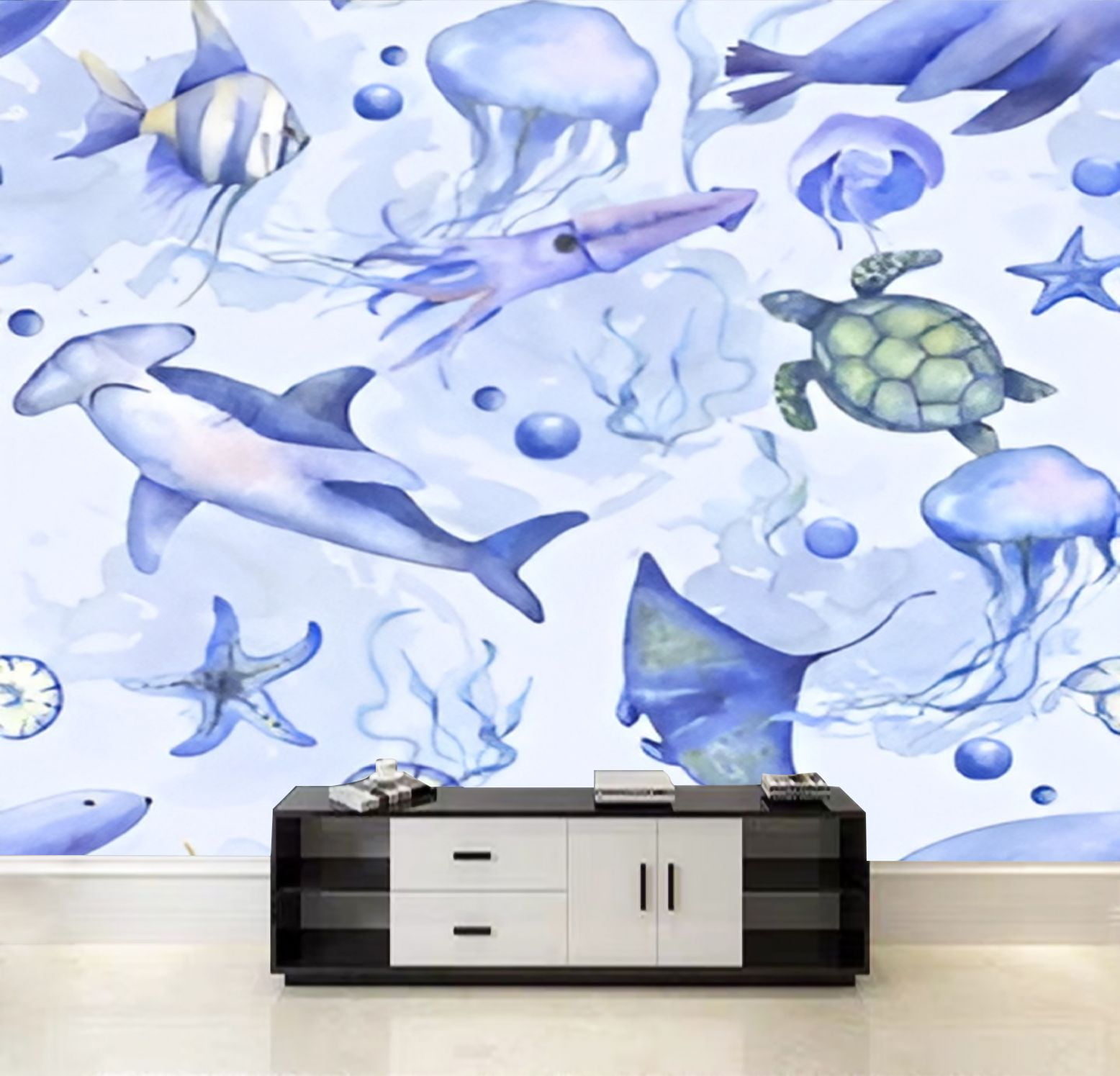 Peel and Stick Wallpaper Watercolor shark squid turtle jellyfish ...
