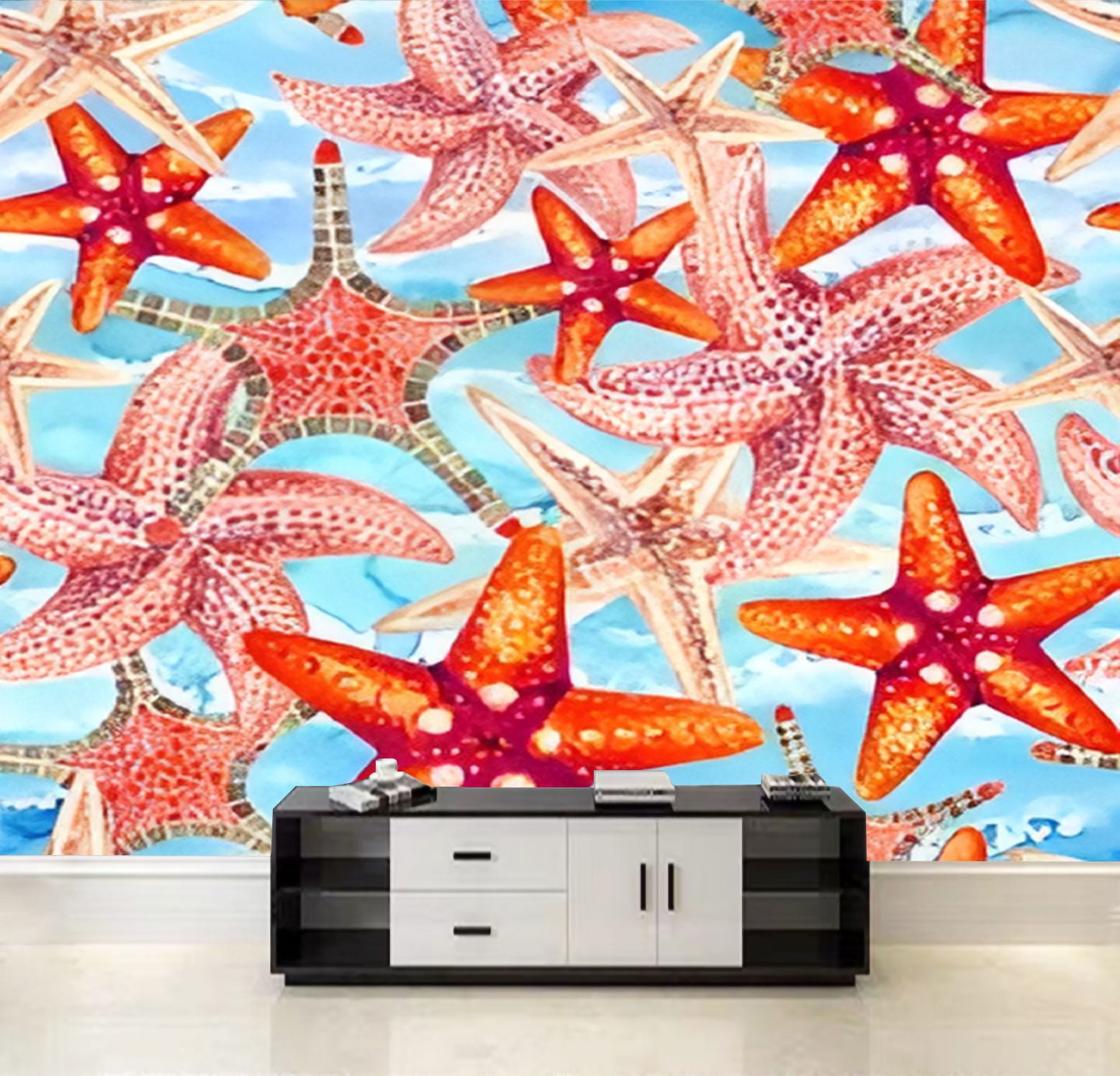Peel and Stick Wallpaper Watercolor starfishes sea waved Hand for ...