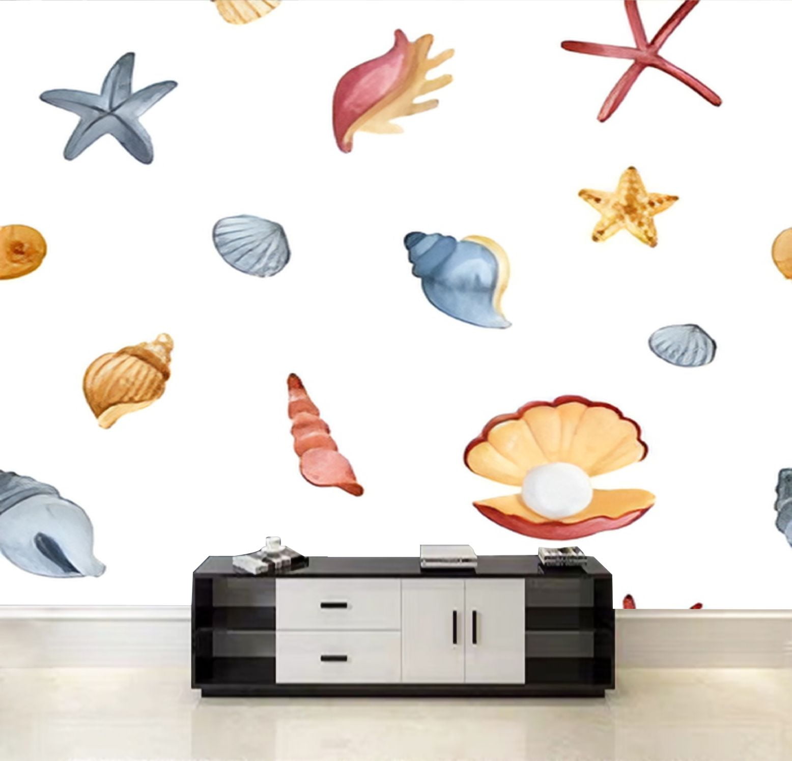 Peel and Stick Wallpaper Watercolor texture cute seashells starfish ...