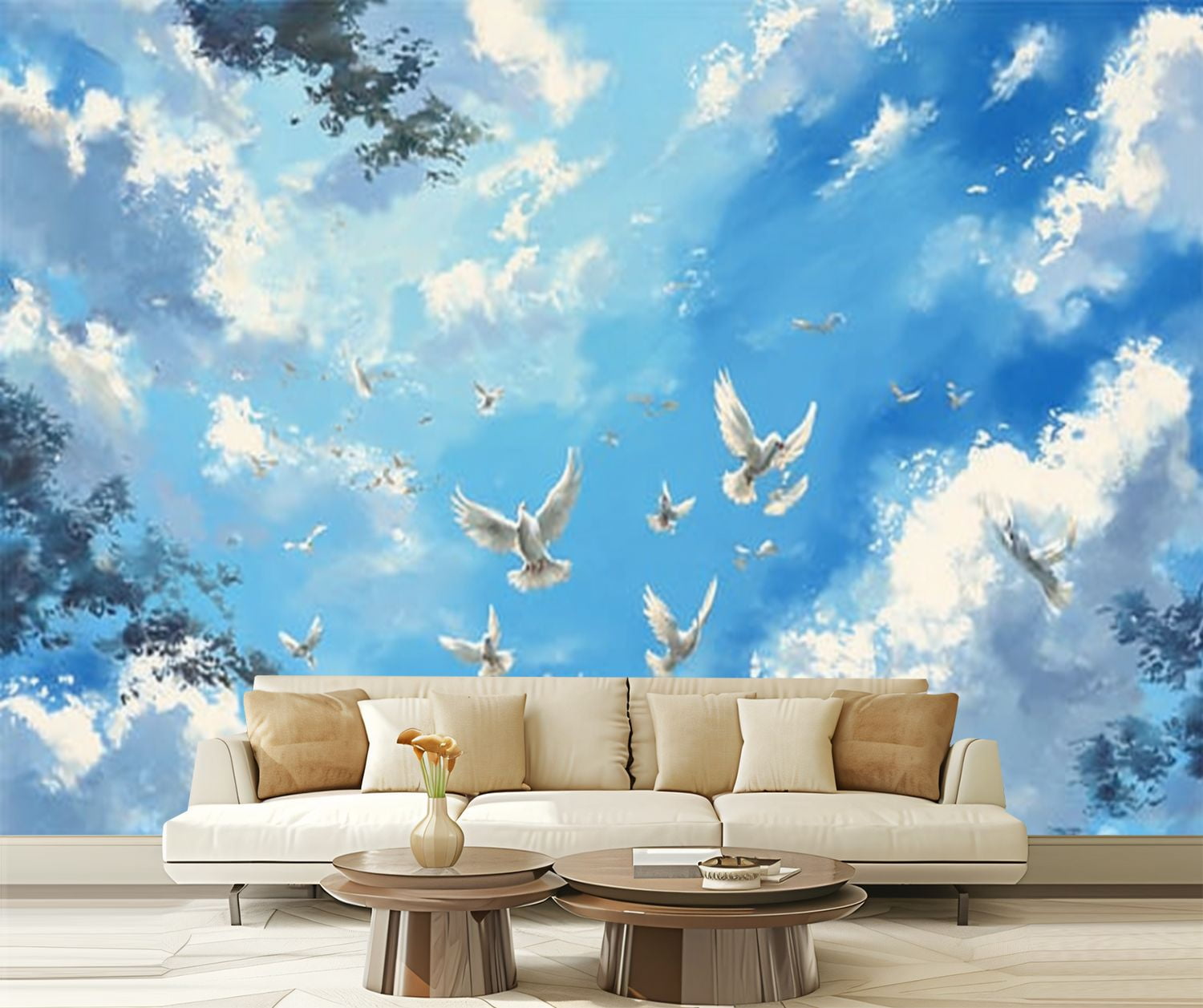 Peel and Stick Wallpaper Waterproof Blue Sky White Cloud White Pigeon ...