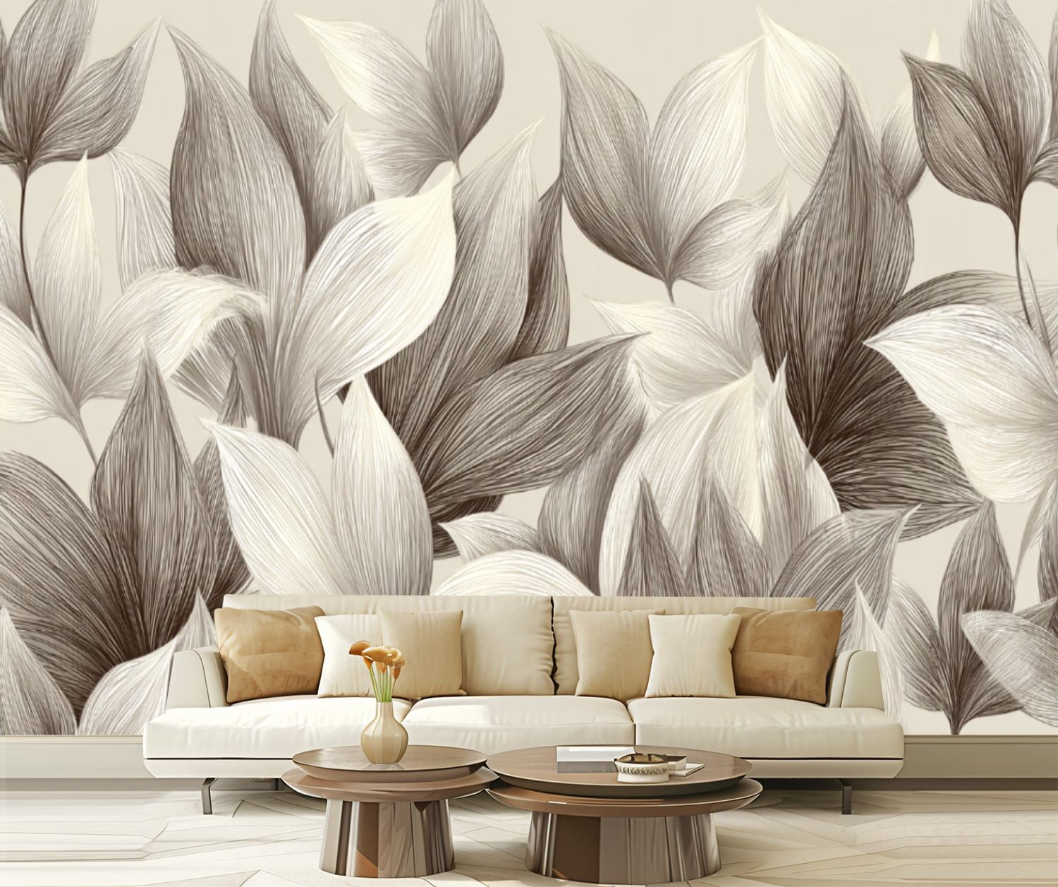 Peel and Stick Wallpaper Waterproof Folk Tulip Neutral Stylized Leaves ...