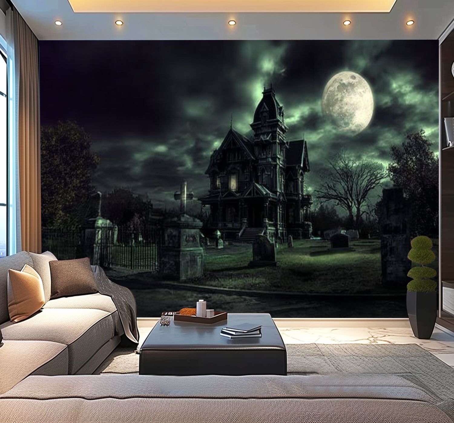 Peel and Stick Wallpaper Waterproof full moon haunted house graveyard ...
