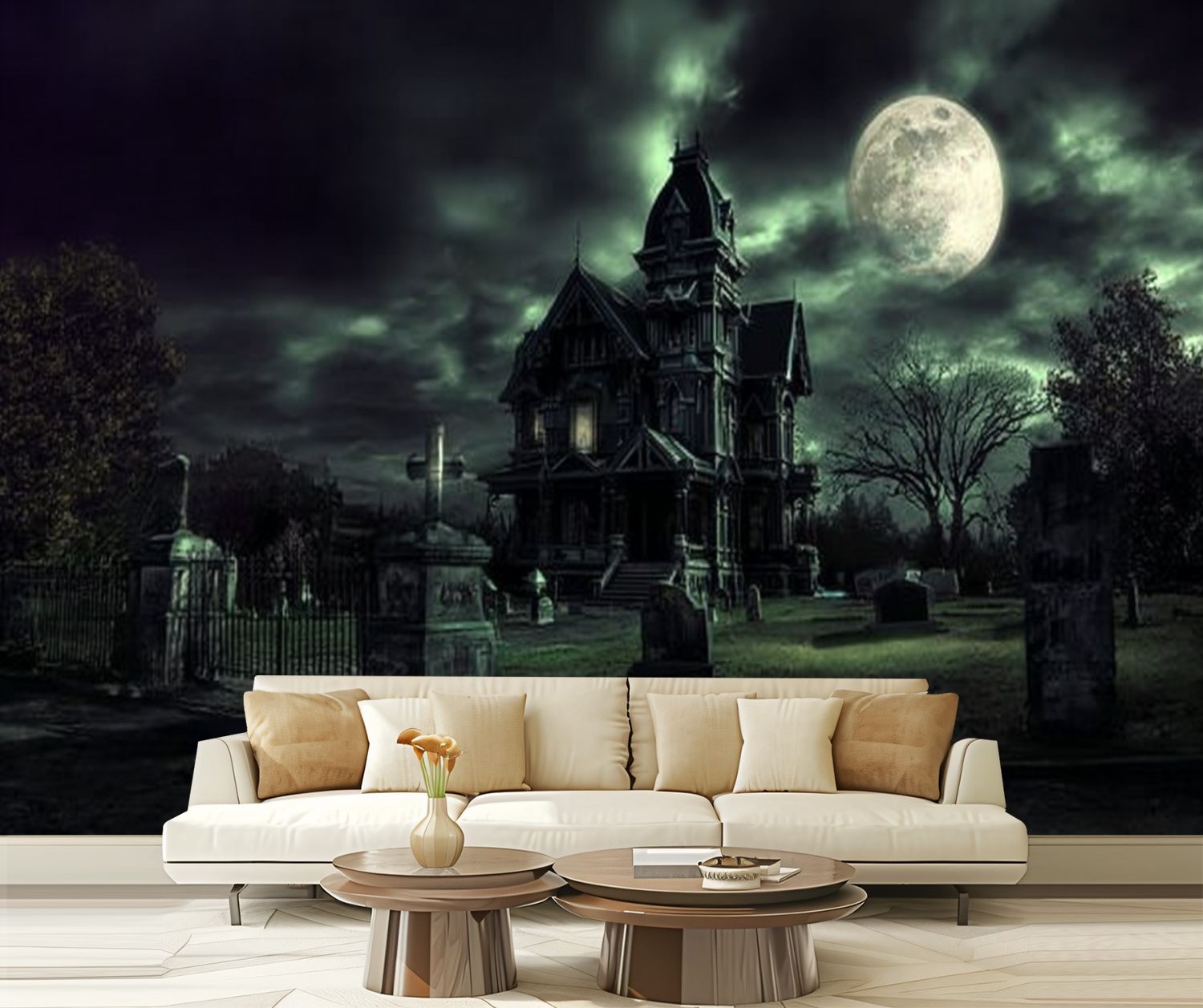 Peel and Stick Wallpaper Waterproof full moon haunted house graveyard ...