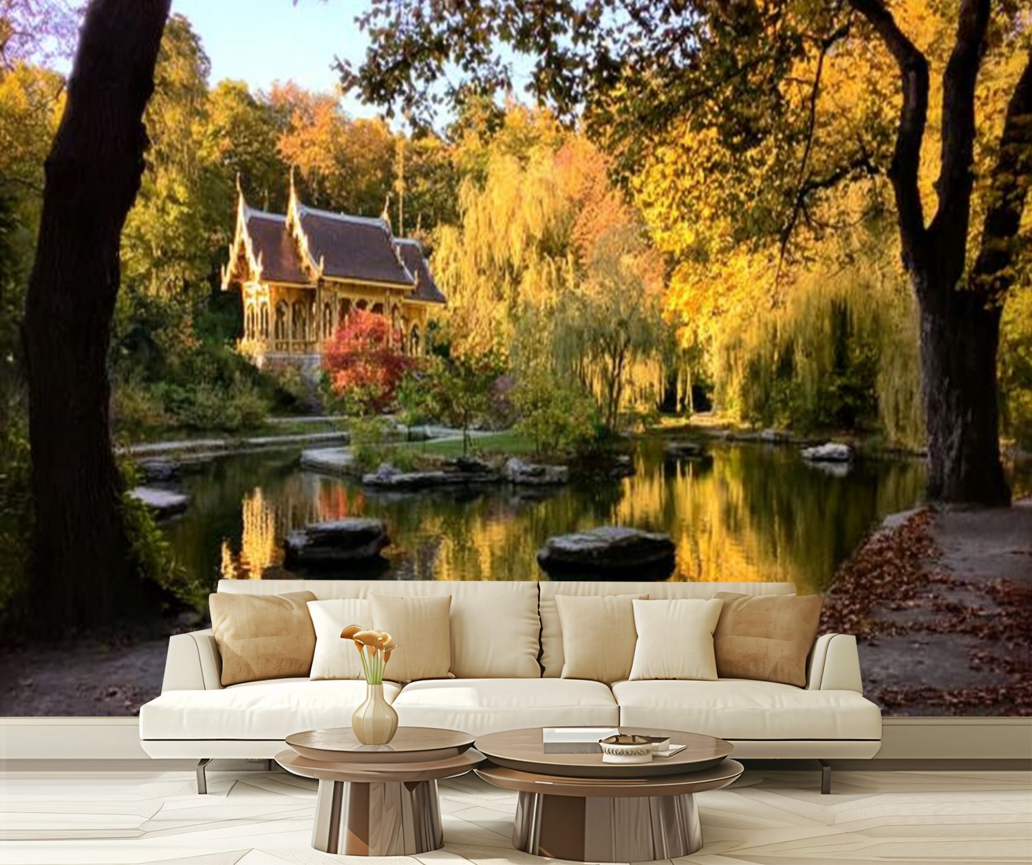 Peel and Stick Wallpaper West Park Munich Autumn sunset Park Lake swans ...