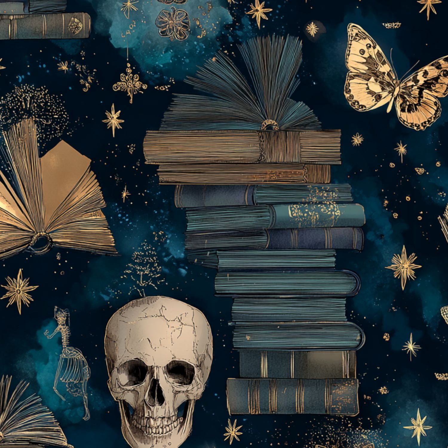 Peel and Stick Wallpaper Whimsical Books Skull Butterflies Stars Wall ...