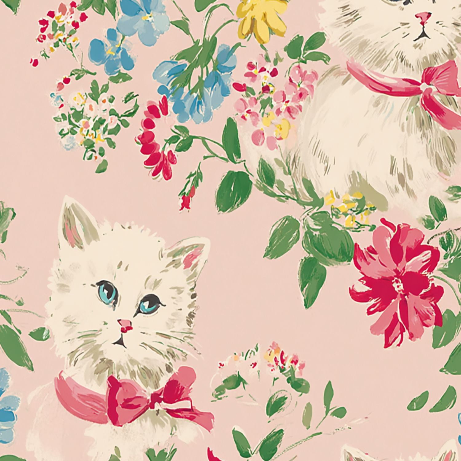 Peel and Stick Wallpaper Whimsical Floral Cute Kittens Vibrant Flowers ...