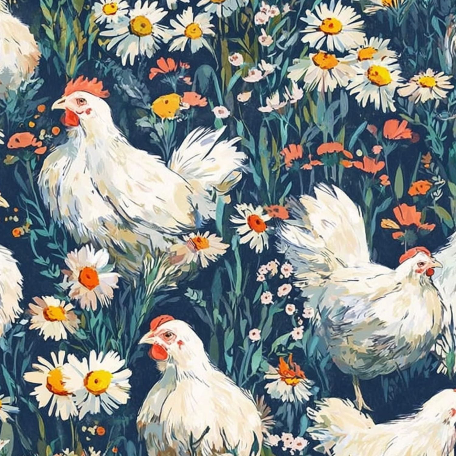 Peel and Stick Wallpaper White Chickens Floral Meadow Daisies ...