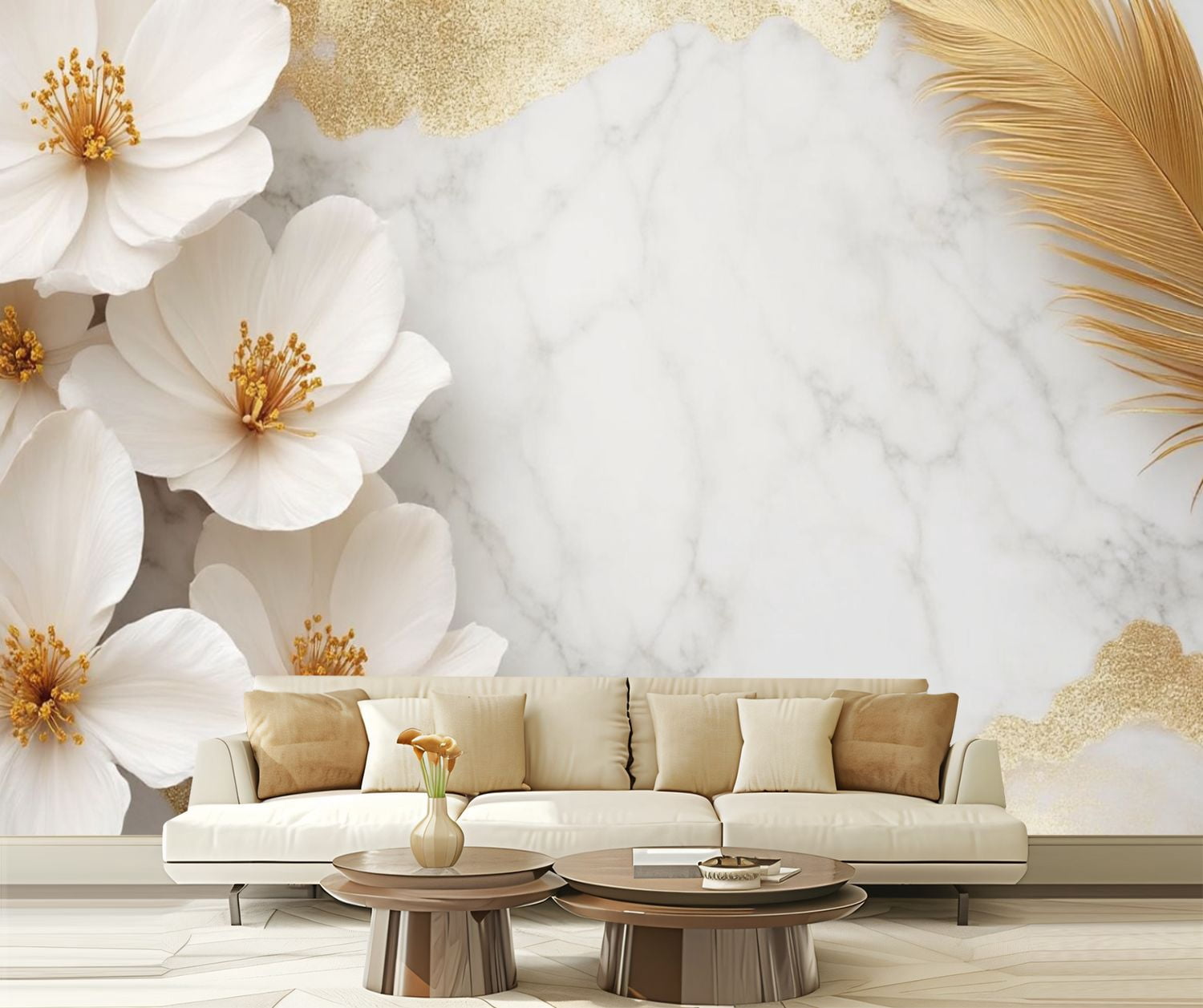 Peel and Stick Wallpaper White Flowers Marble Luxury Floral 3D Gold ...