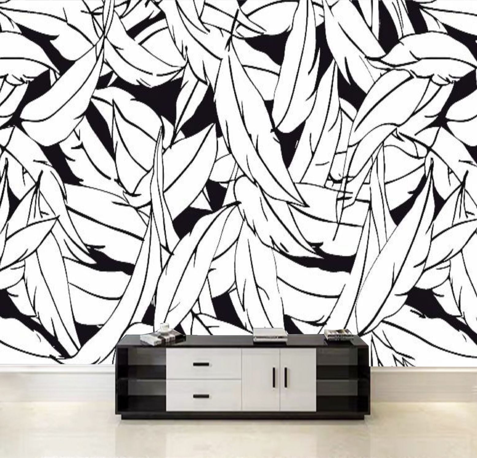 Peel and Stick Wallpaper black white outline feather seamless pattern ...