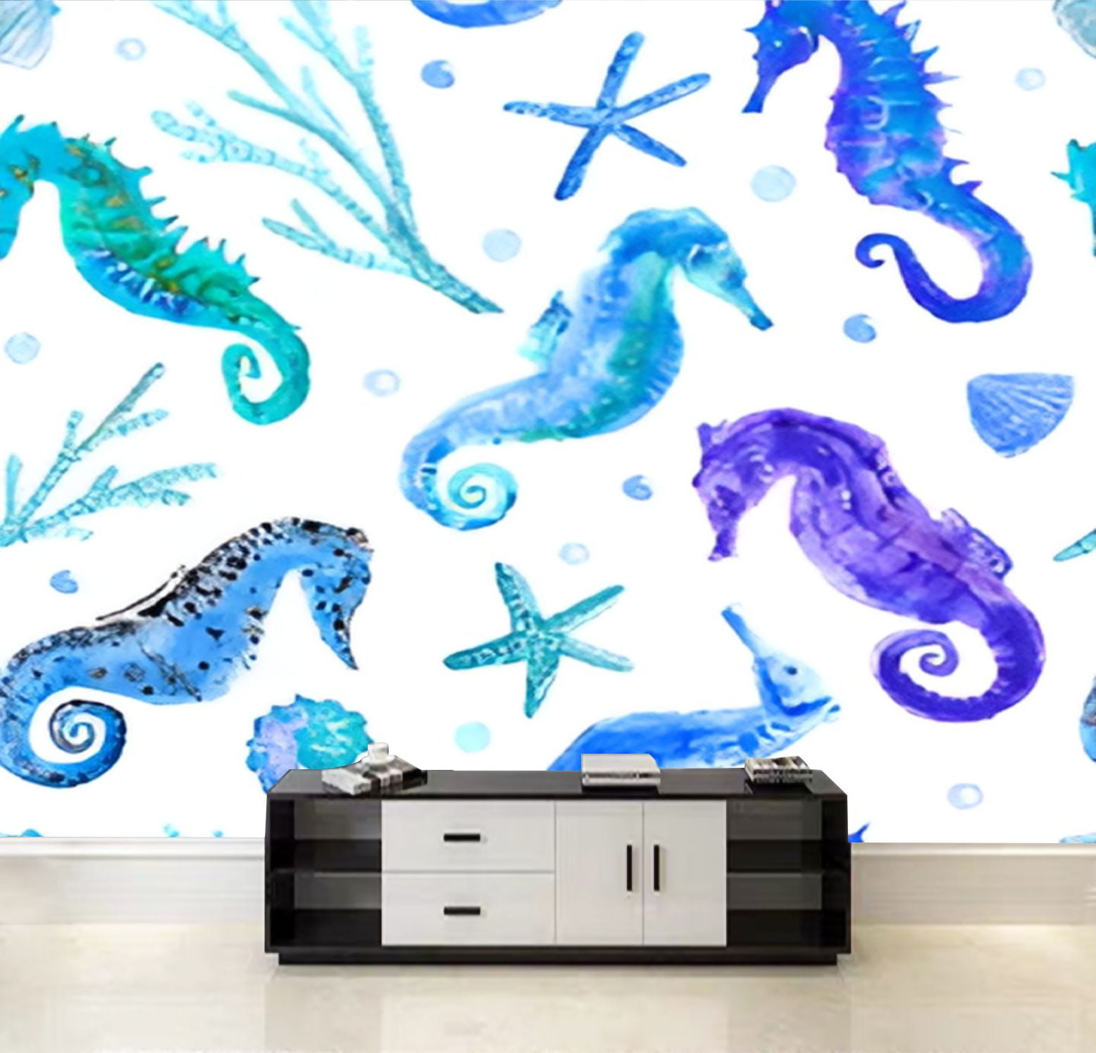 Peel and Stick Wallpaper blue seahorse shell starfish coral bubbles ...