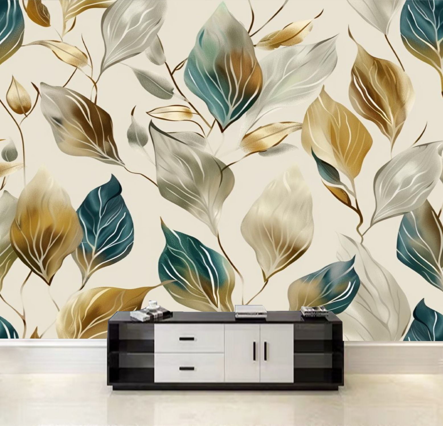 Peel and Stick Wallpaper floral pattern bush leaves tree foliage blue ...